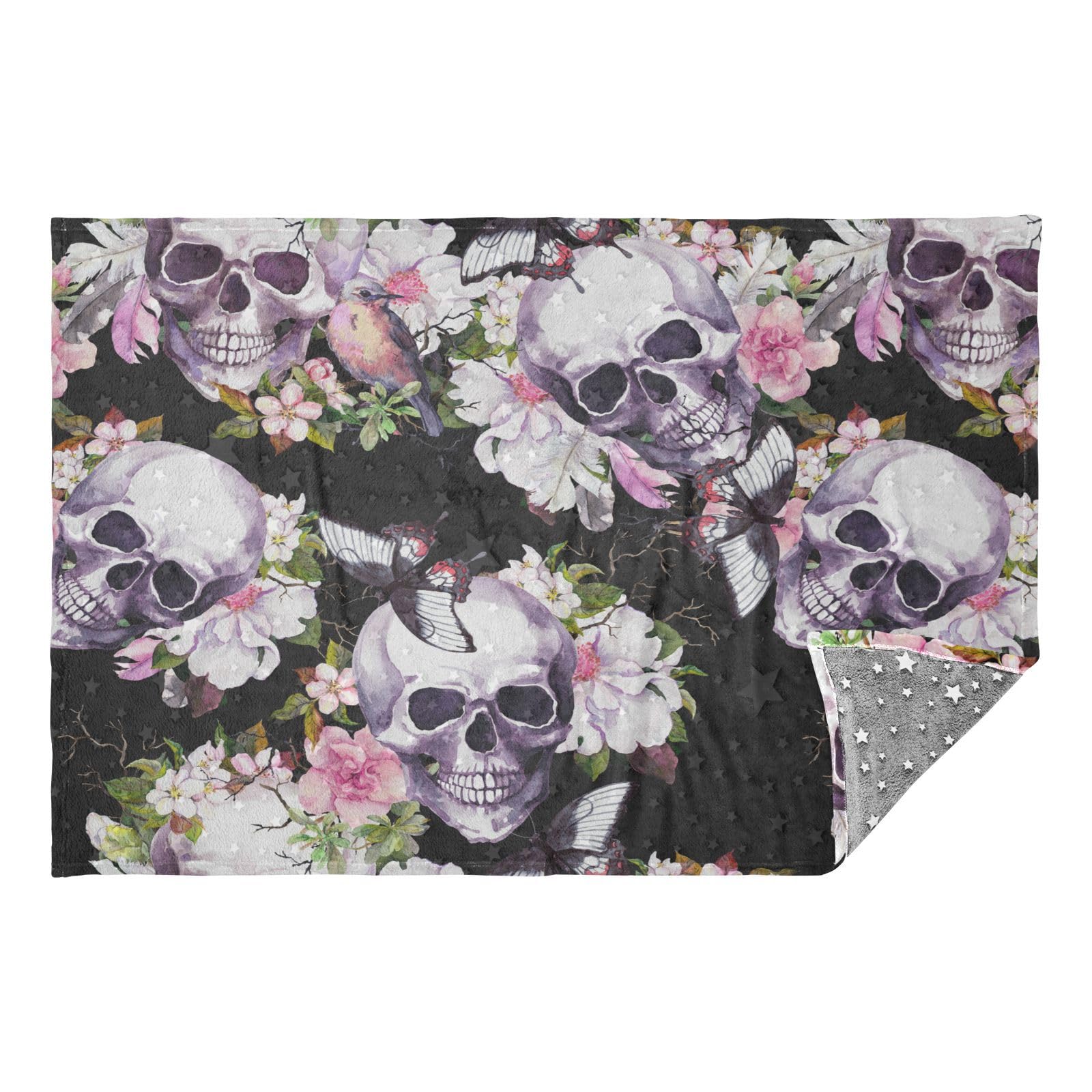 Joko Ivery Skulls Flowers Birds Butterflies Premium Soft Travel Blanket Pillow Airplane Blanket with Hand Luggage Belt & Backpack Clip Travel Pillow and Blanket 2 in 1 for Airplane Car Office Home