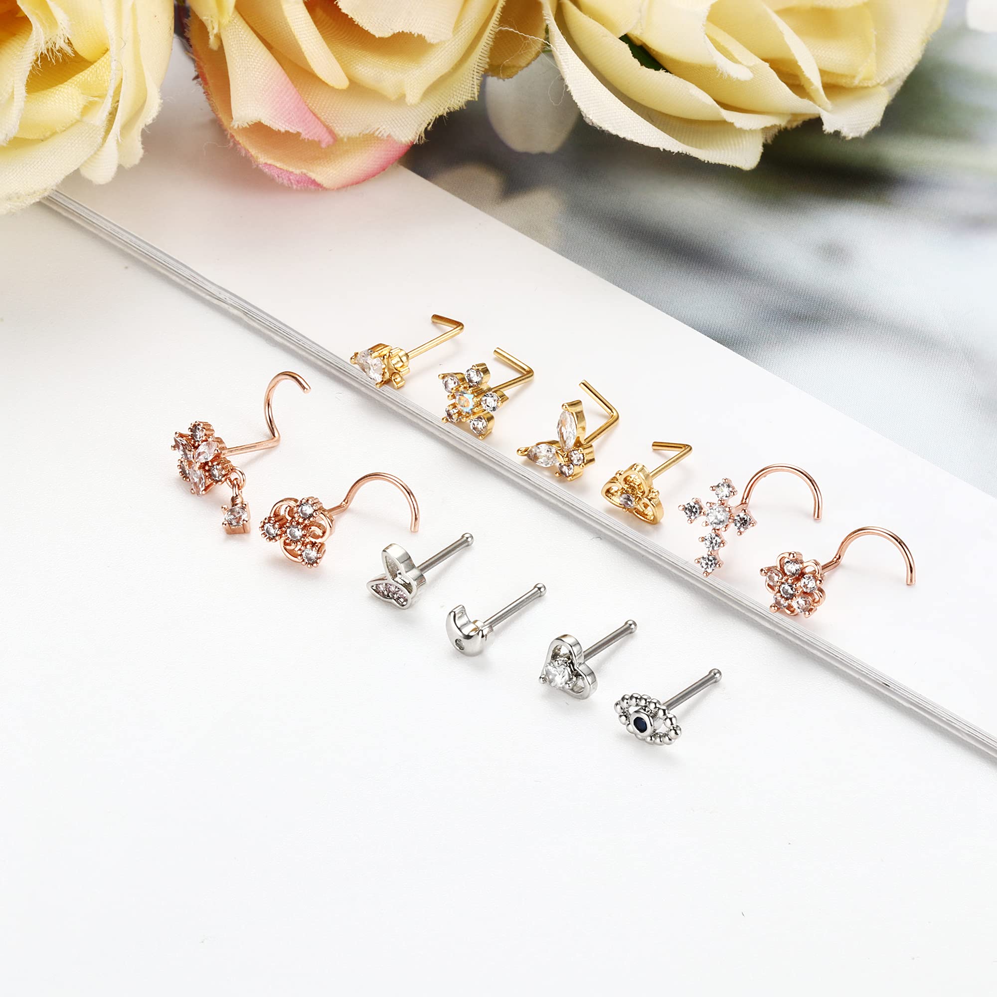 Magitaco 12Pcs 20G Nose Ring Stud L Shape Screw Nose Studs Butterfly Heart Cross Eyil Eye Moon Nose Rings Nose Bone Piercing Nose Stud for Women Men