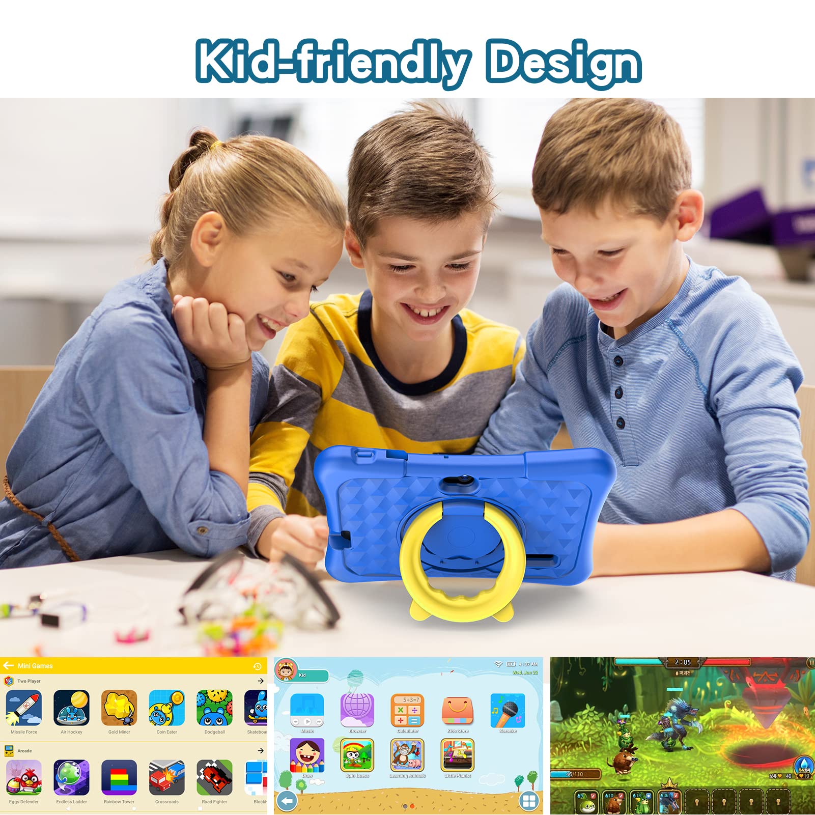 PRITOM Tablet for Kids, 7 inch Kids Tablets with WiFi, 32GB ROM, 2GB RAM, Bluetooth, Camera, Parental Control, Pre-Installed APPs, Games, Learning Educational Toddler Tablet with Case, Blue