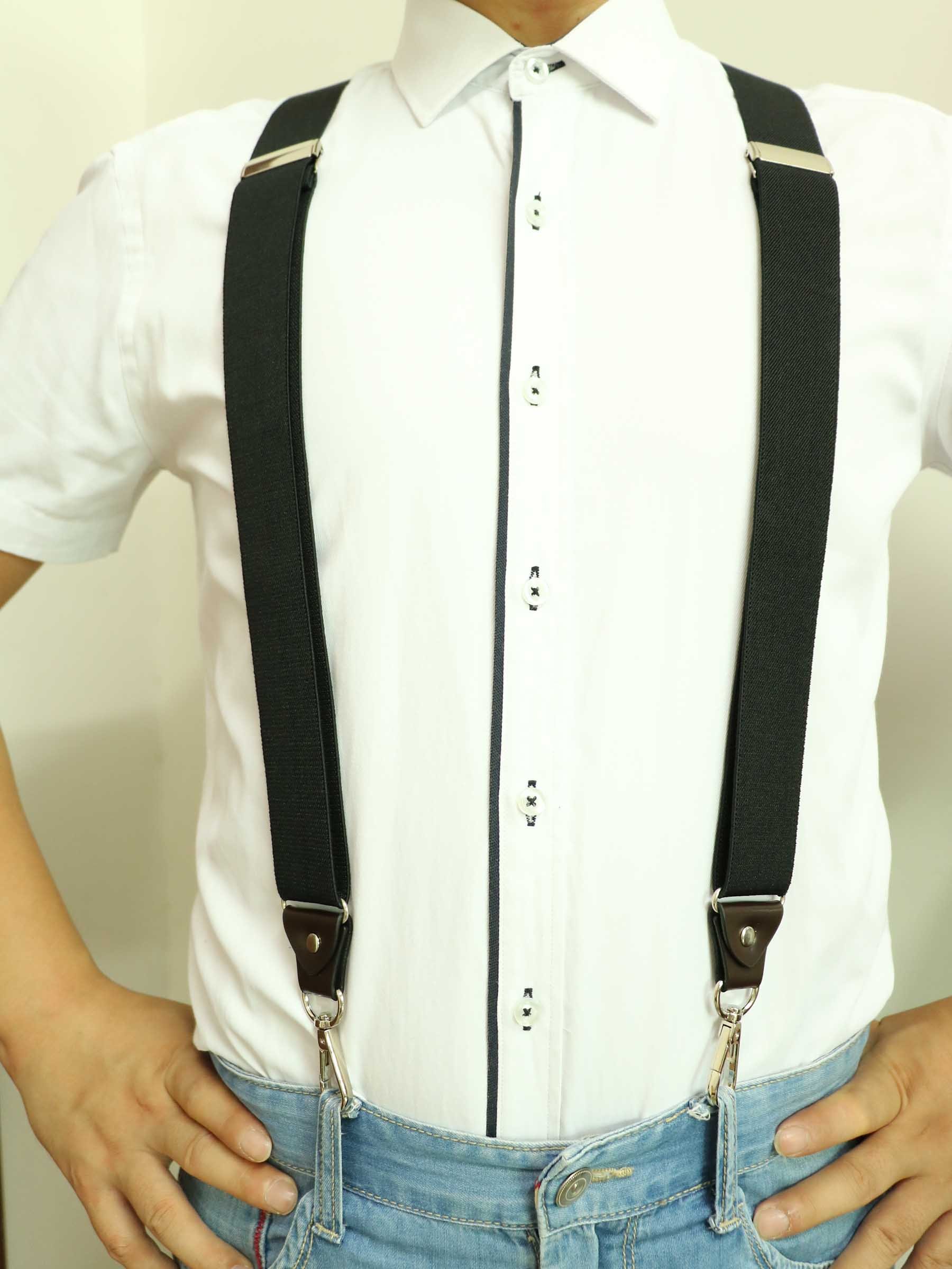 JIERKU Romanlin Mens Suspenders for Work 3 Swivel Hook Clips Y-Back for Groomsmen Leather Black