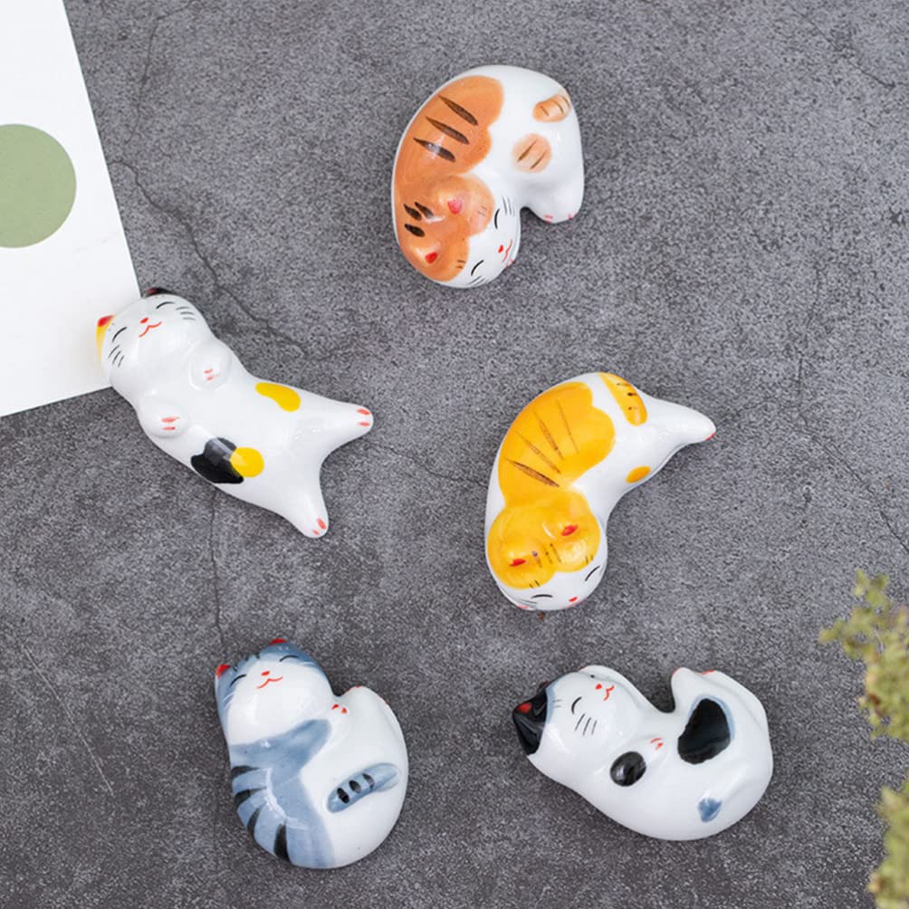 SHERCHPRY Cute Cat Ceramic Chopsticks Holder Stand Rest Lucky Cat Spoon Fork Knife Stand Animal Party Decoration For Holiday Party Dining Table 5pcs