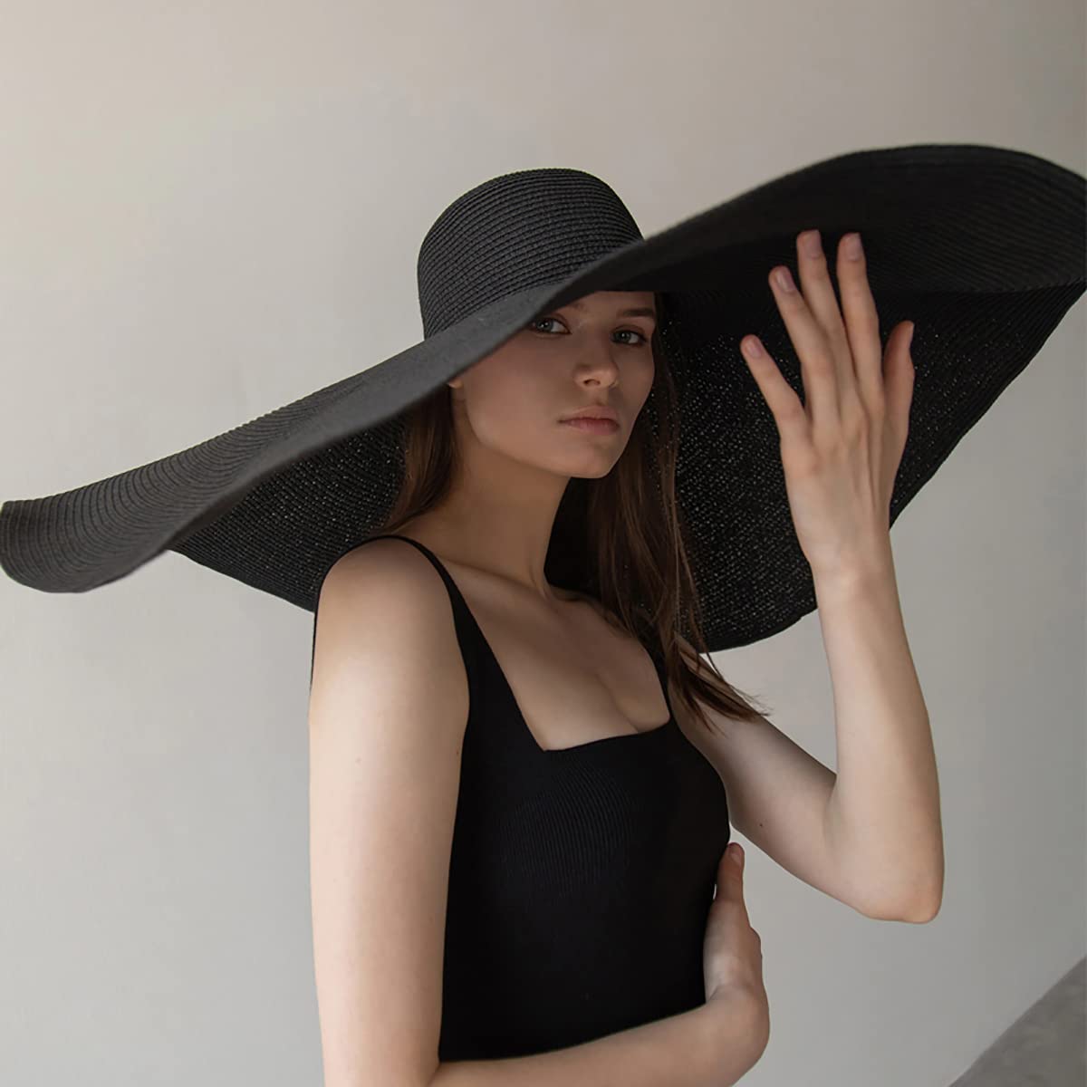 MoonWang Oversized Beach Straw Hats for Women Extra Large Wide Brim Beach Hat Foldable Roll up Floppy Sun Hat Summer Outdoor UV Protection (Black)