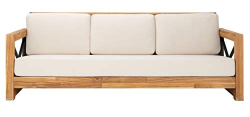 Safavieh CPT1010A Couture Curacao Brazilian Teak Outdoor 3-Seat Patio Sofa, Natural/White