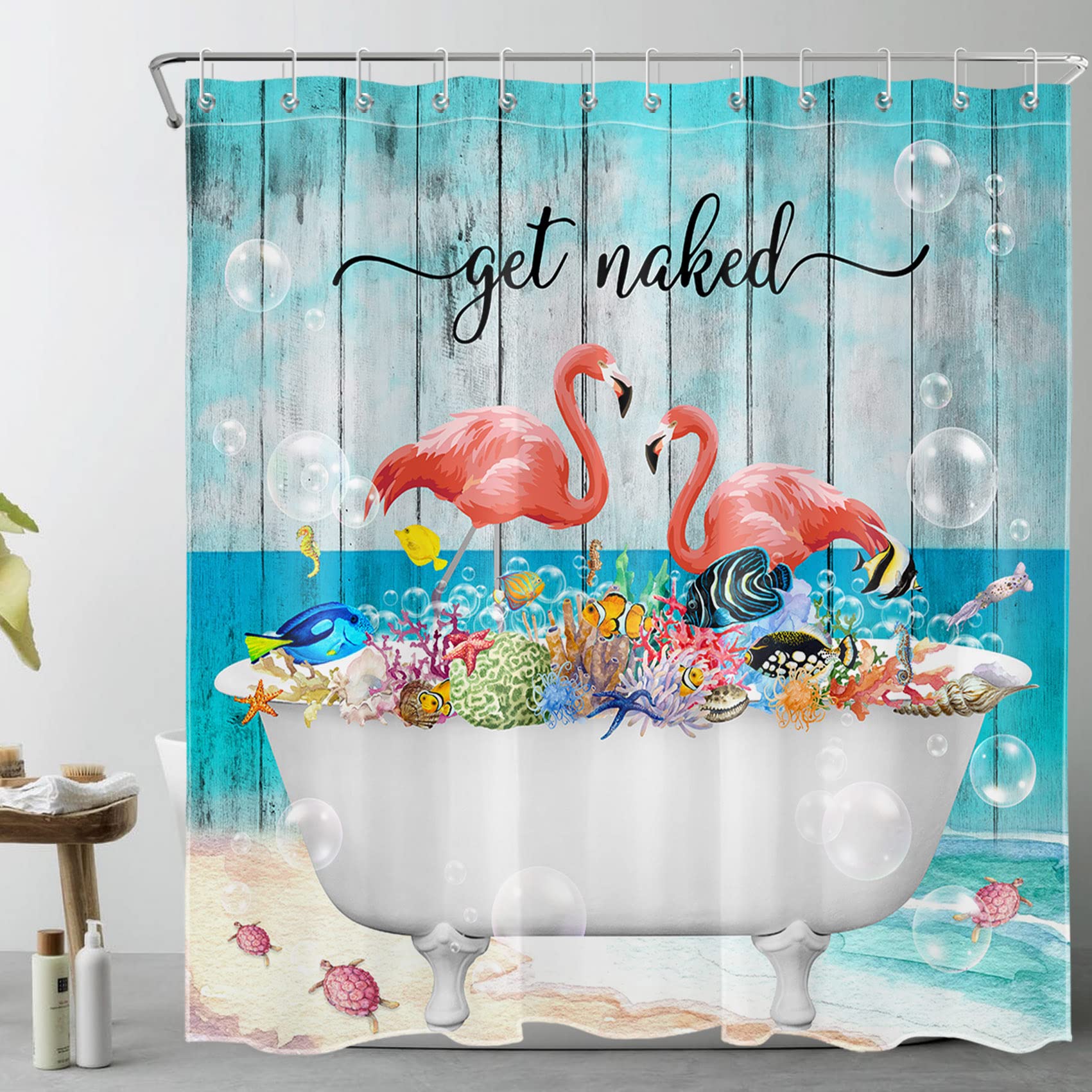 LB Pink Flamingo Shower Curtain Tropical Fish Coral in Bathtub on Beach Shower Curtain Set Blue Ocean Get Naked Shower Curtains for Bathroom Waterproof Washable Fabric with Hooks,72x72 inch