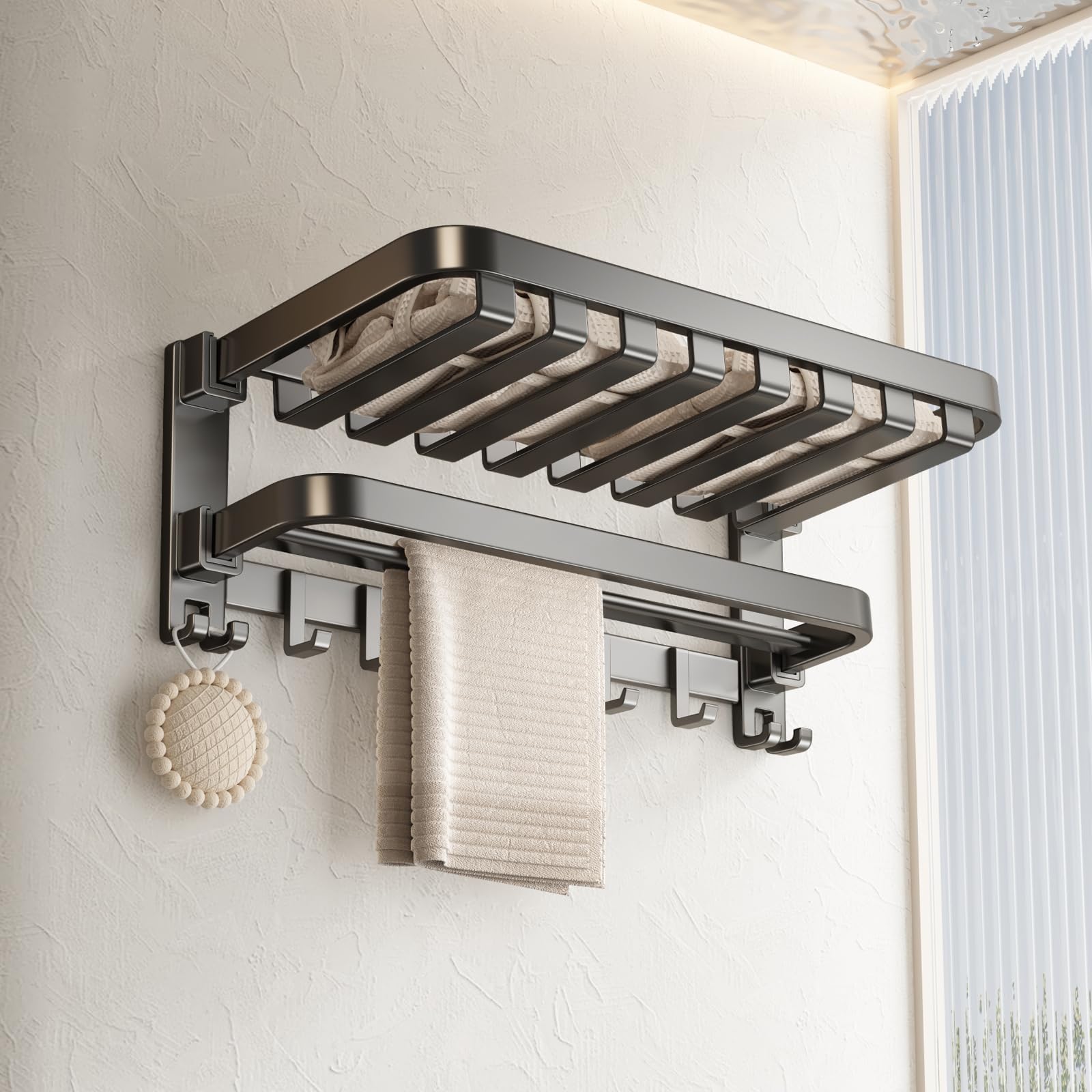 VOLPONE Bathroom Towel Rack with Double Towel Bar Foldable Towel Shelf Wall Mounted Towel Storage with Hooks No Assembly Required 24 in Grey