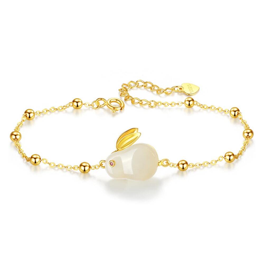 Rofeego Natural White Jade Rabbit Bunny Charm Link Bracelet 925 Sterling Silver Adjustable Mother's Day Gift Anniversary Jewelry Birthday Gifts for Women Wife Girlfriend Her (22k gold plated)
