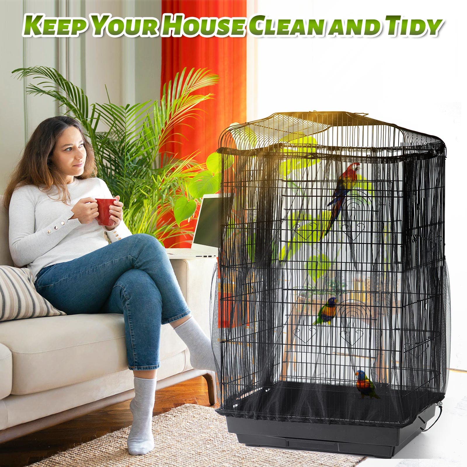 KFPPLXQ Bird Cage Cover Adjustable, Extra Large Soft Breathable Mesh Bird Cage Nettin Seed Catcher for Indoor Round Square Cage (Black, 118 x 39.5 Inch/ 300 x 100 cm)