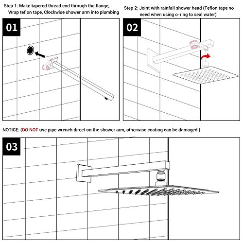 Square Shower Arm with Flange in Brushed Brass 16 Inch Wall Mounted Rainfall Shower Head Extension Arm, Stainless Steel, Brushed Gold