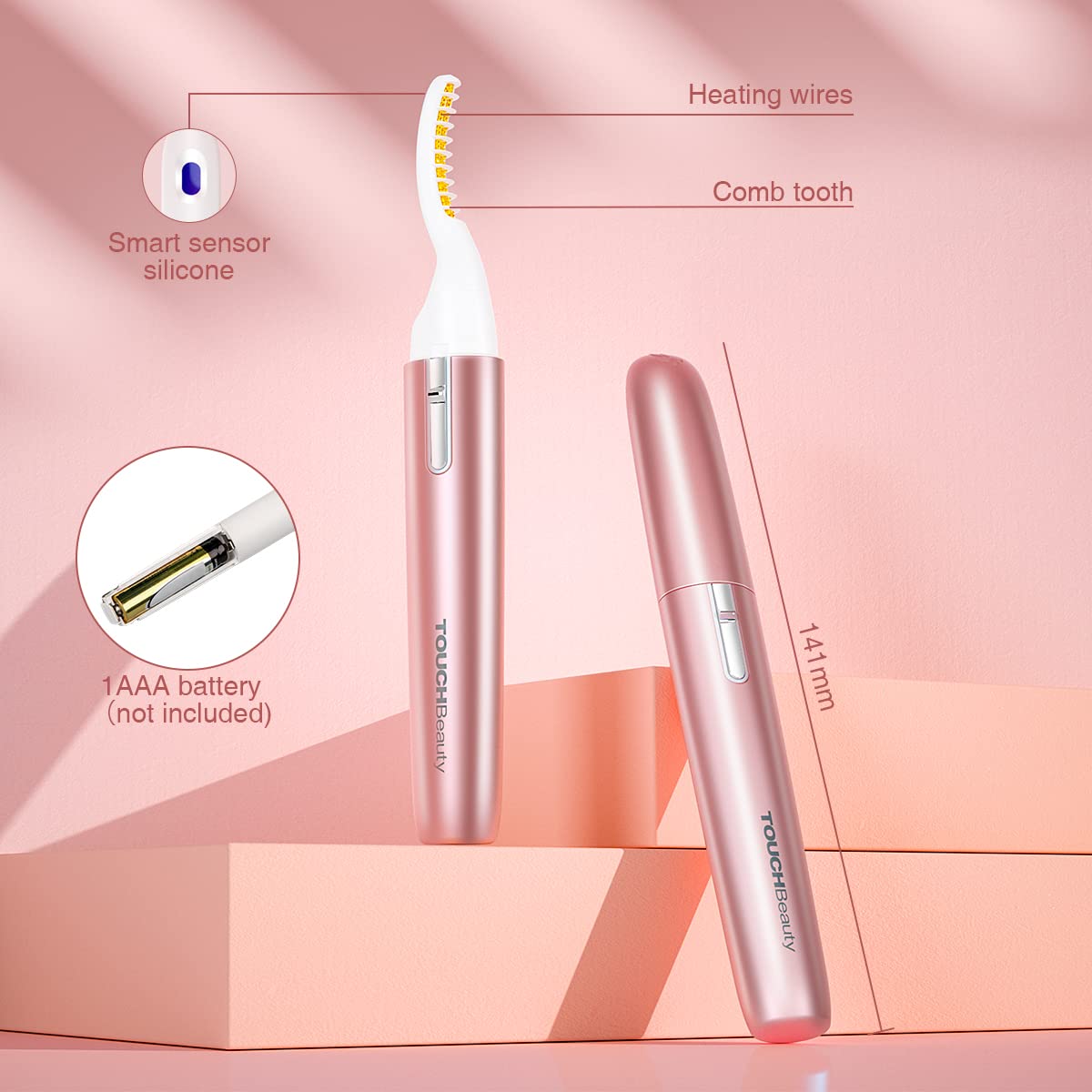 TOUCHBeauty Heated Eyelash Curler with Heating Lashes Curl Comb, Painless Quick Natural Curling Battery Powered TB-2052