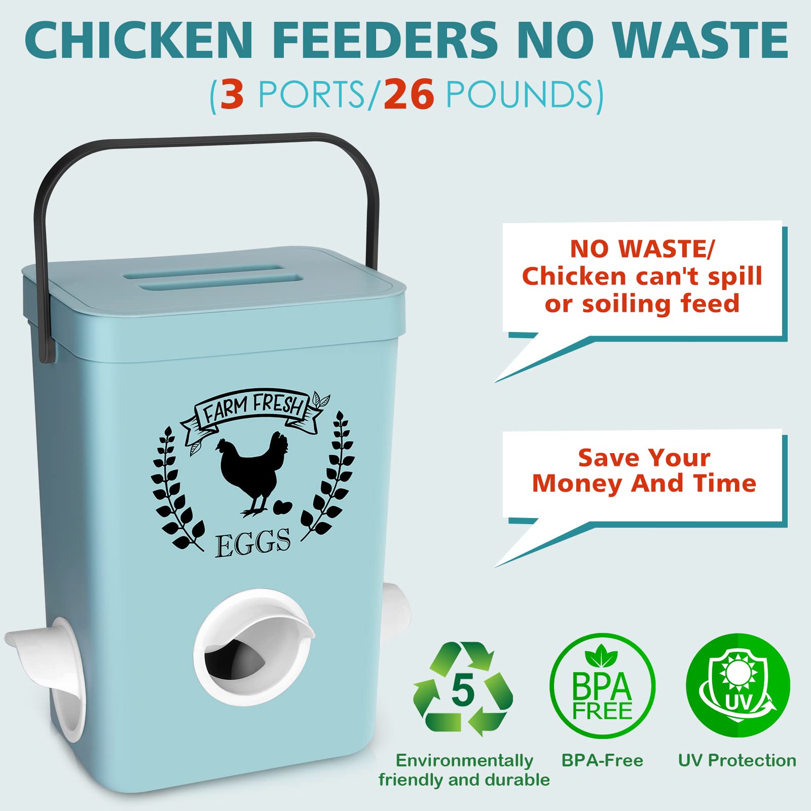 Tgeyd Chicken Feeder and Chicken Waterer Set (3 Gallon/26 Pounds) - Hanging Automatic Chicken Feeder No Waste - Chicken Coop Accessories - Poultry Waterer with