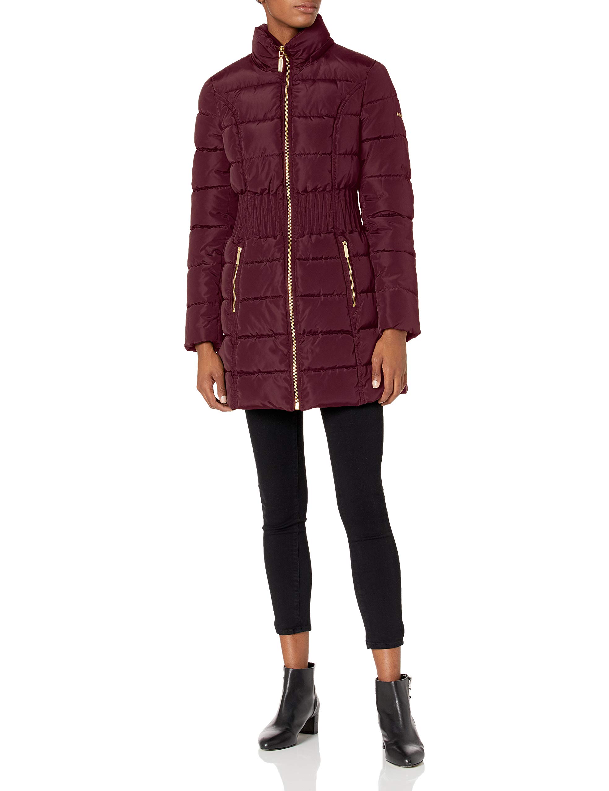 Laundry By Shelli Segal Women's 3/4 Puffer Jacket with Zig Zag Cinched Waist and Faux Fur Trim Hood, Dark Olive, X-Small