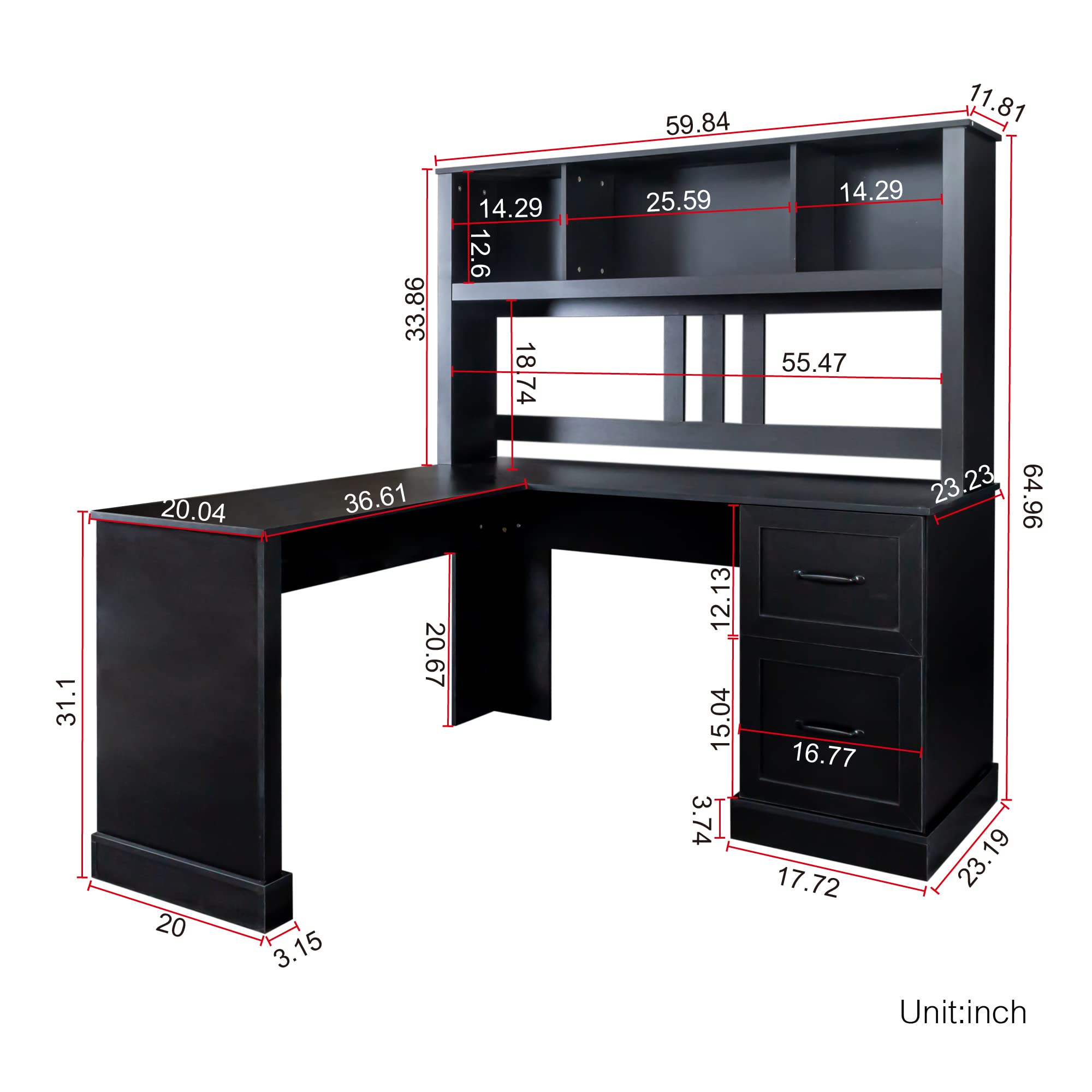 KLIECH Modern Home Office Computer Desk with Hutch,Large Working Space for Kids Adults Bedroom Living Room,Antiqued Black Finish