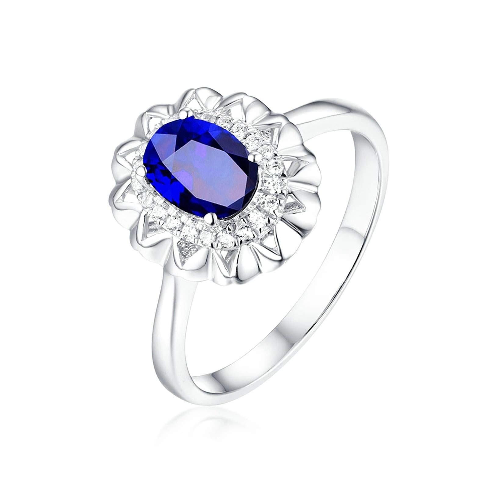 KnBoB Women Flowers Oval Shape 0.6ct Sapphire Ring 18K White Gold Promise Wedding Engagement Bridal Anniversary Ring Size 4