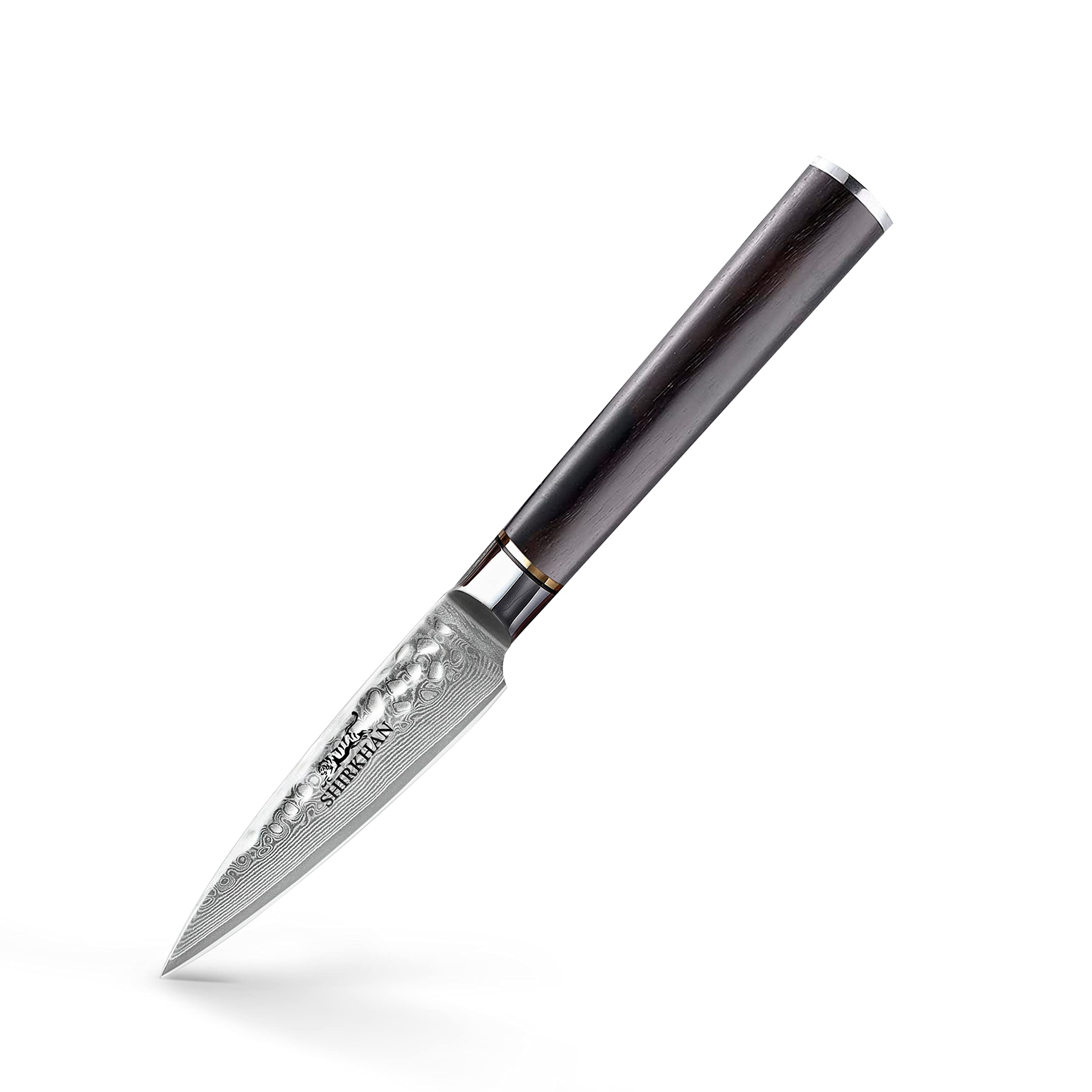 SHIRKHAN Damascus Paring Knife 3.5 Inch - Ultra Sharp Japanese Kitchen Fruit Knife - 67 Layers High Carbon Hand Hammered Steel Blade 10Cr15CoMoV - Ergonomic Ebony Wood Handle - Gift Box