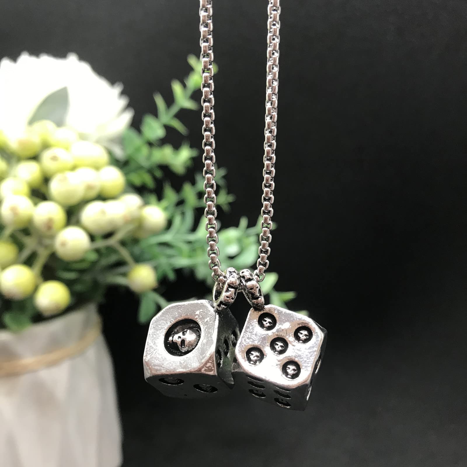 Ransao Fuzzy Dice for Car Mirror, Car Dice Mirror Hanging Accessories, Rear View Mirror Accessories,Silver, Metal