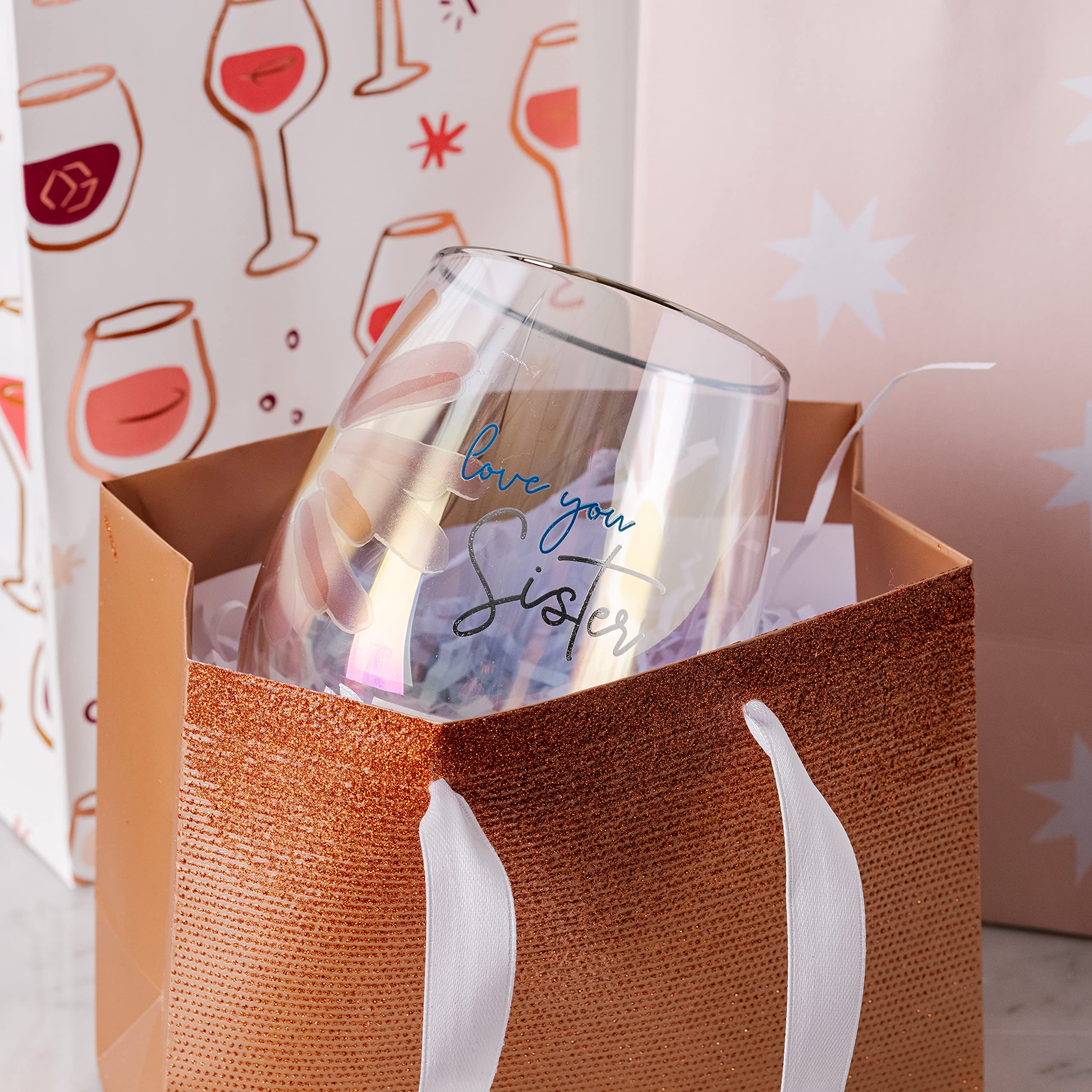 Pavilion - 18 oz Iridescent Stemless Wine Glass - Love You Sister