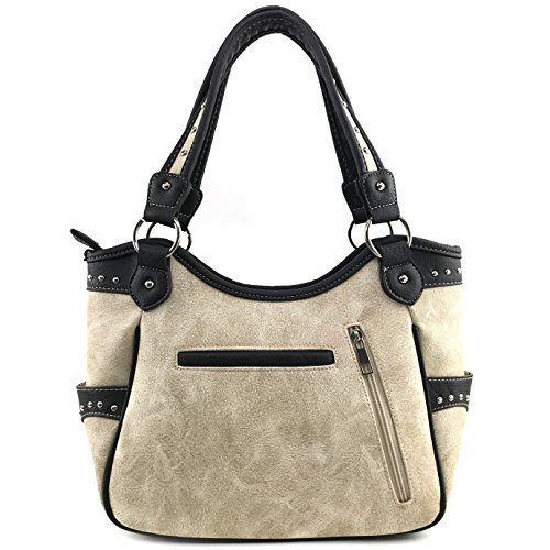 Justin West Cross Studs Concealed Carry Shoulder Handbag Tote Purse Crossbody Wallet (Beige Set)