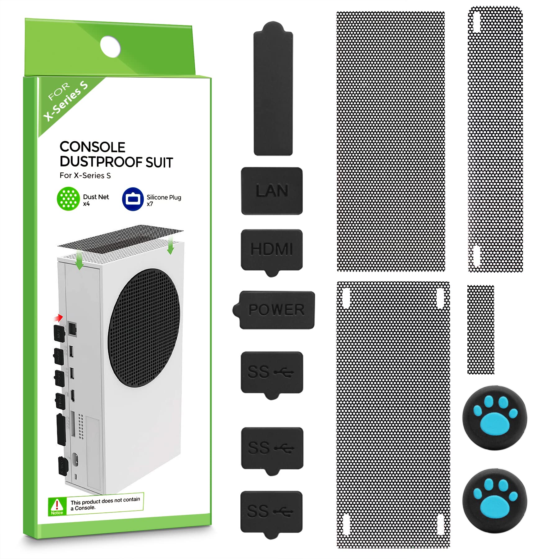 JOLANCO Dust Plugs for Xbox Series S (XSS) Console，Dust Filter Kit Accessories with 7 Silicone Dust Plugs and 4 PVC Meshs Set + Cute Cat Claw Design Thumb Grip Caps