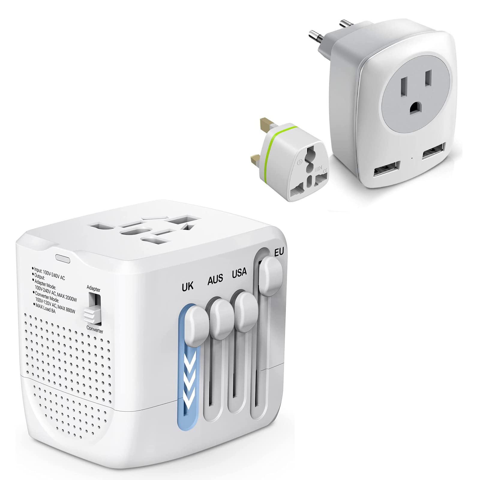 Step Down 220V to 110V Adapter and Voltage Converter Combo + European Travel Plug Adapter for Europe & UK