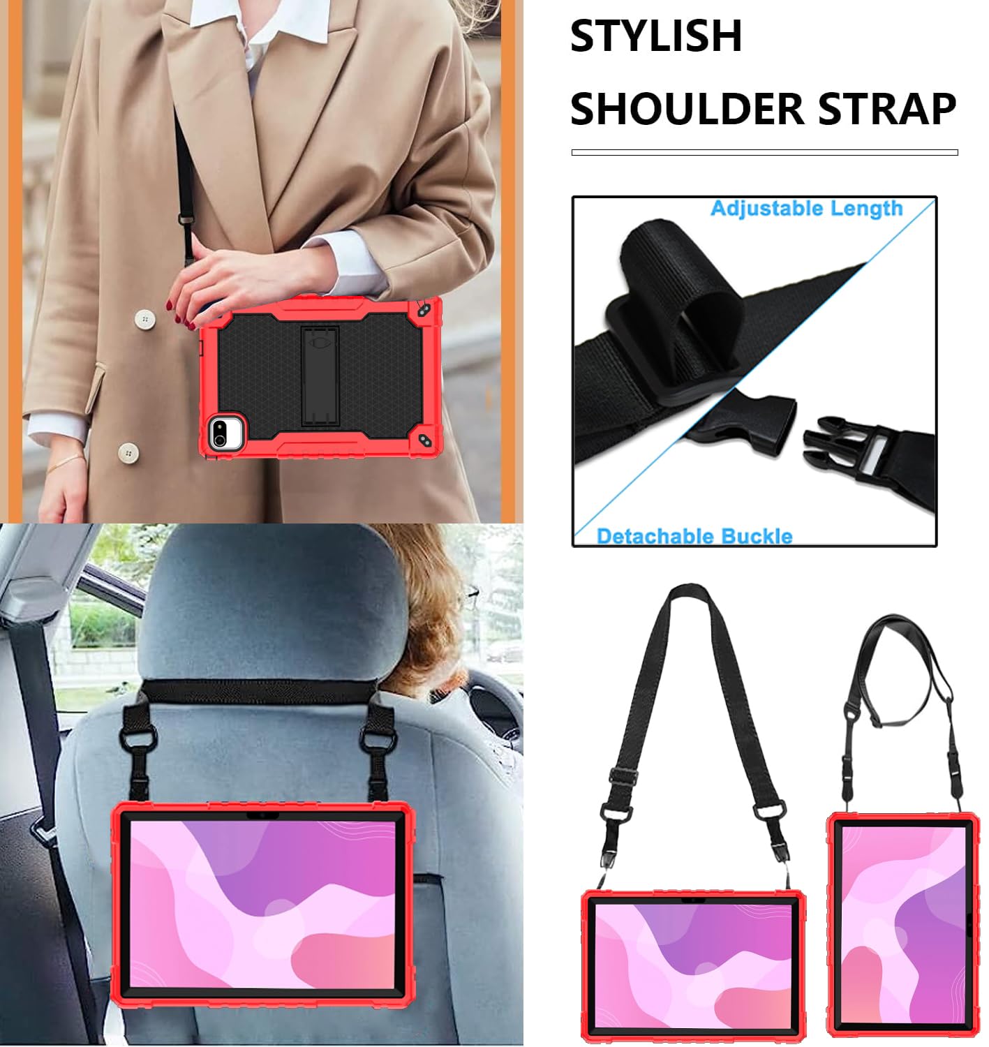 SOATUTO for Moderness Tablet MB1001 10.1 inch Case with Shoulder Strap Stand Soft Silicone Hybrid Case for 10 inch ZZB Velorim Freeski OLEXEX Bestski CZZ HAPPYBE ANYLAKE Okaysea Tablet (Red+Black)