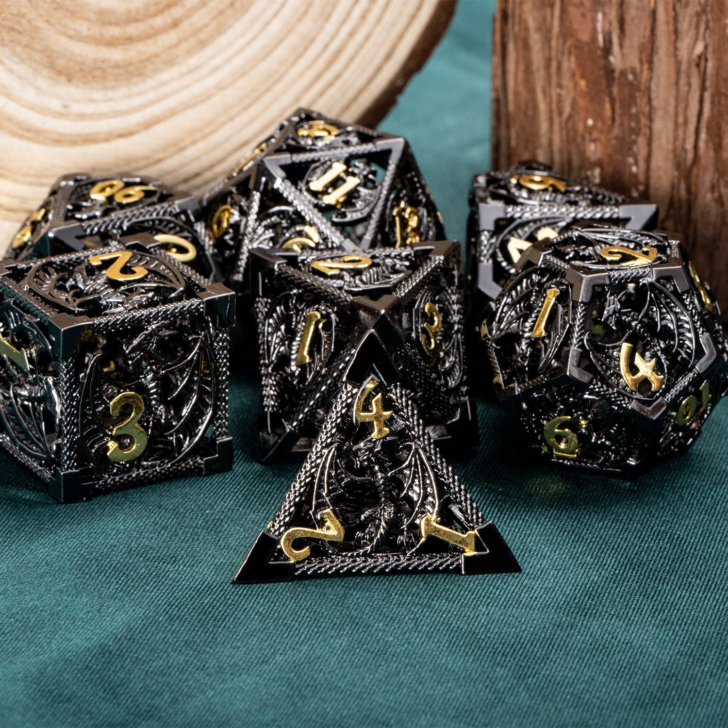 ORIFANTOU Hollow Metal Dice Set Gold Black DND Dice with Gift Box, 7PCS D and D Dice Role Playing Game Dungeons and Dragons RPG Polyhedral Dice Cool D&D Dice Set