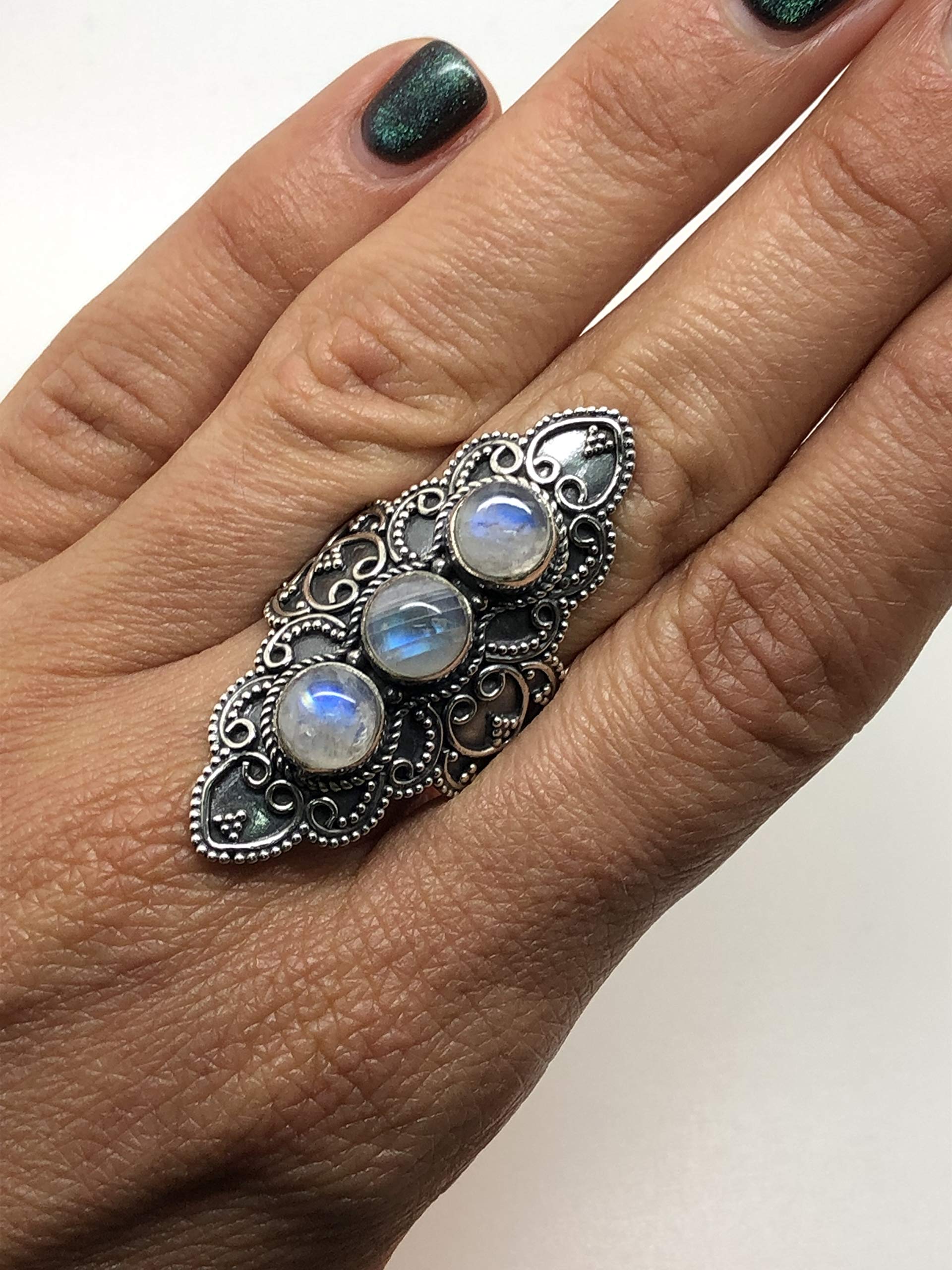 Koral Jewelry Moonstone 3 Stones Ethnic Vintge Gipsy Multi Stone Ring 925 Sterling Silver Vintage Tribal Gipsy Boho Chic (7)