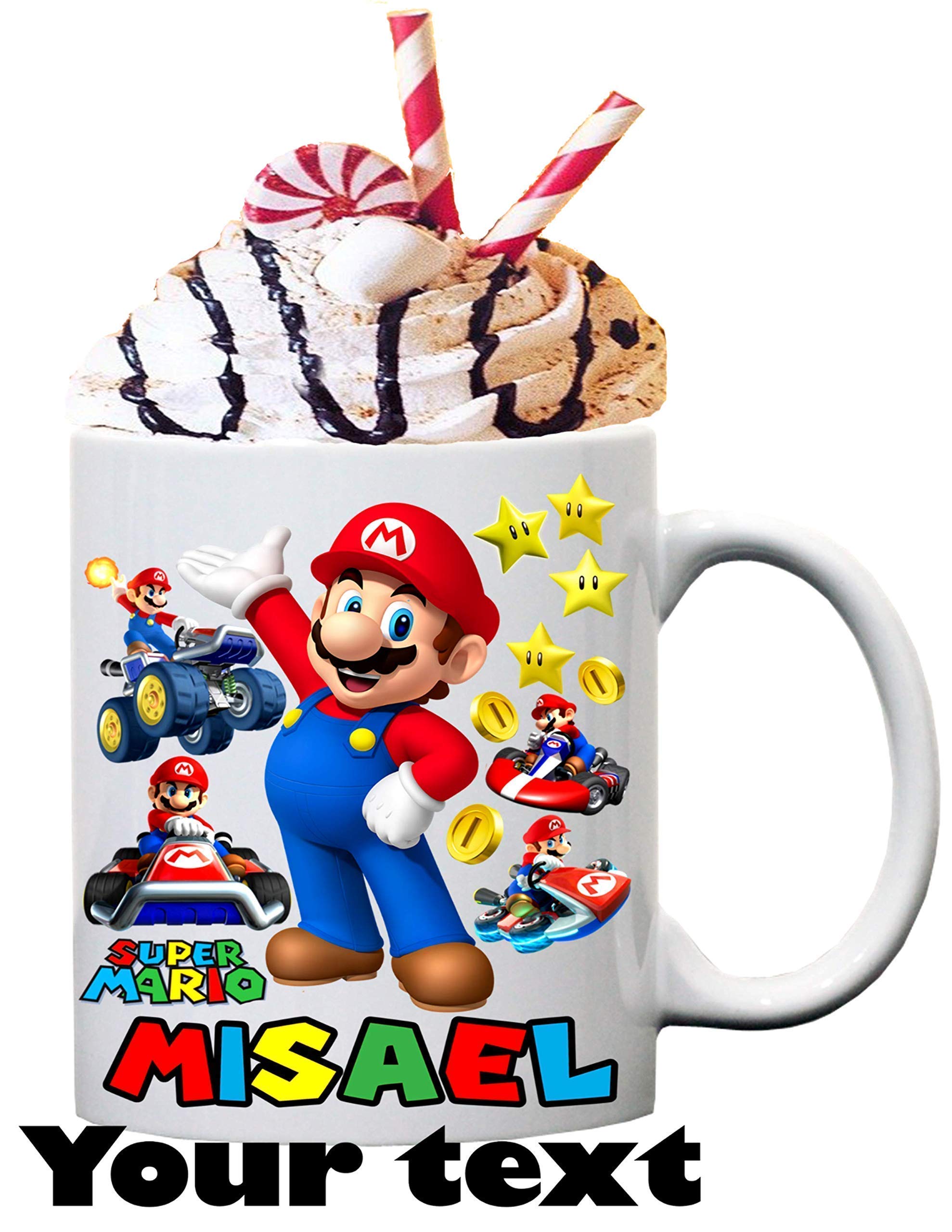 Personalize your Mario Bros chocolate or coffee ceramic mug, Mario gift mugs, gamer mug, put your name or text for front and back, use with left or right hand.Tazas personalizadas.