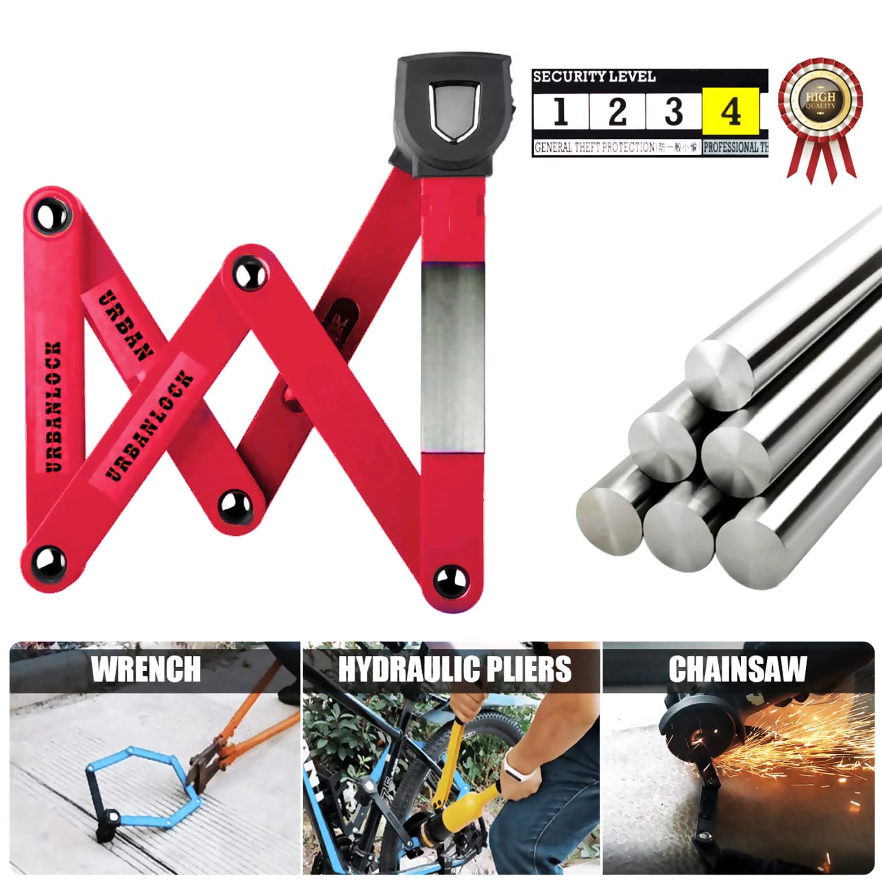 Premium Hardened Steel Bicycle Lock with Enclosed Lock Head Design Provides The Ultimate Protection Against Lock Picking, Electric Drills, Hammers, and Bolt Cutters (Red)