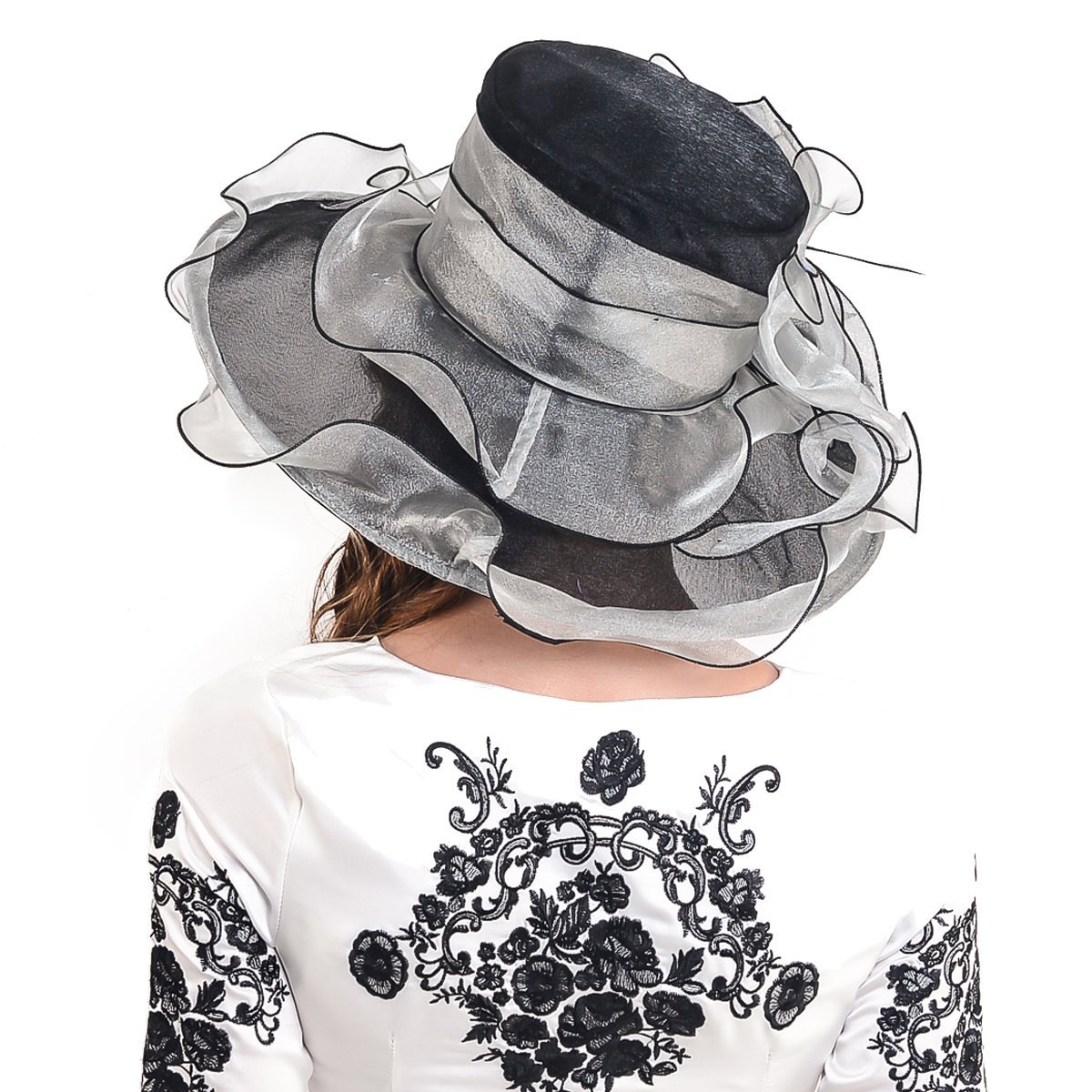 Ladies Kentucky Derby Church Hat Wide Brim Leaf Flower Bridal Dress Hat s037, Black&grey, Medium