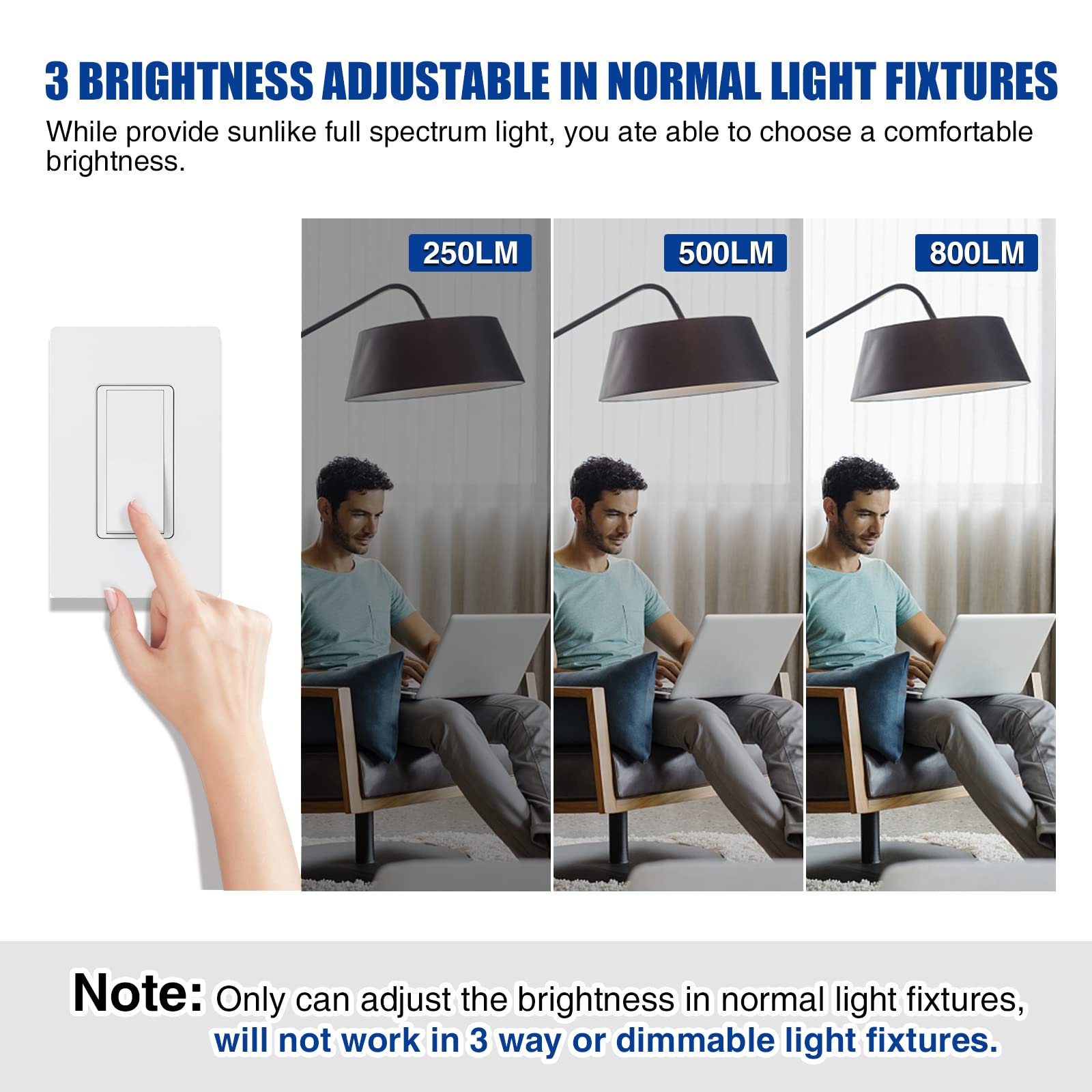 Neporal Full Spectrum Light Bulb 3 Brightness Cool White Happy Light Bulbs Natural Sunlight Bulbs Sunlike Light Bulb A19 6000K E26/E27 Pack of 3
