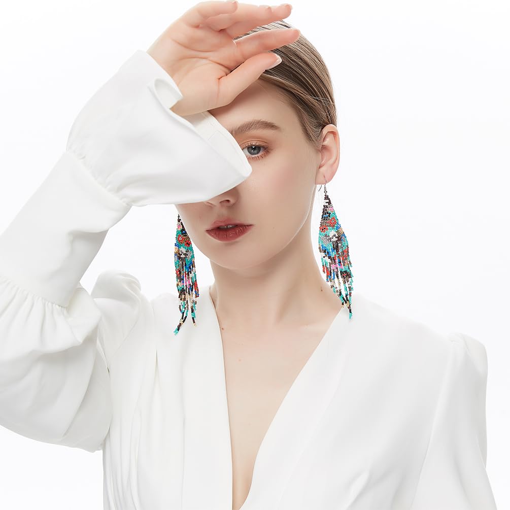 Luluping Long Beaded Dangle Earrings – Boho Native Handmade Seed Bead Tassel Earrings for Women, Bohemian Large Statement Beaded Drop Fringe Earrings (Colorful Beaded Earrings D)