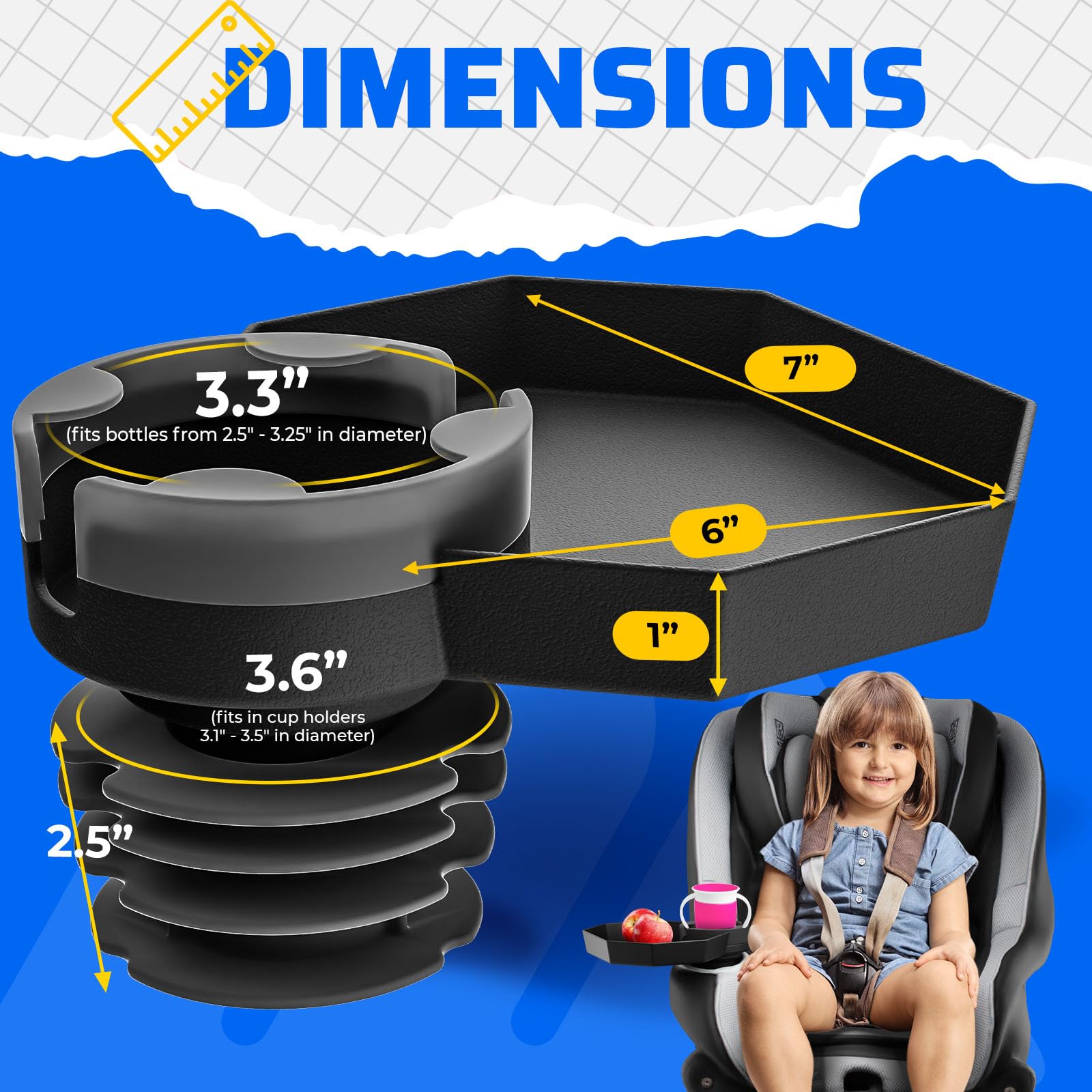 Kids Travel Tray β Large Base - Car Seat and Car Cup Holder Tray - Tray for Snacks, Entertainment, Toys β Includes Cup Holder β Fits Most Car Seats