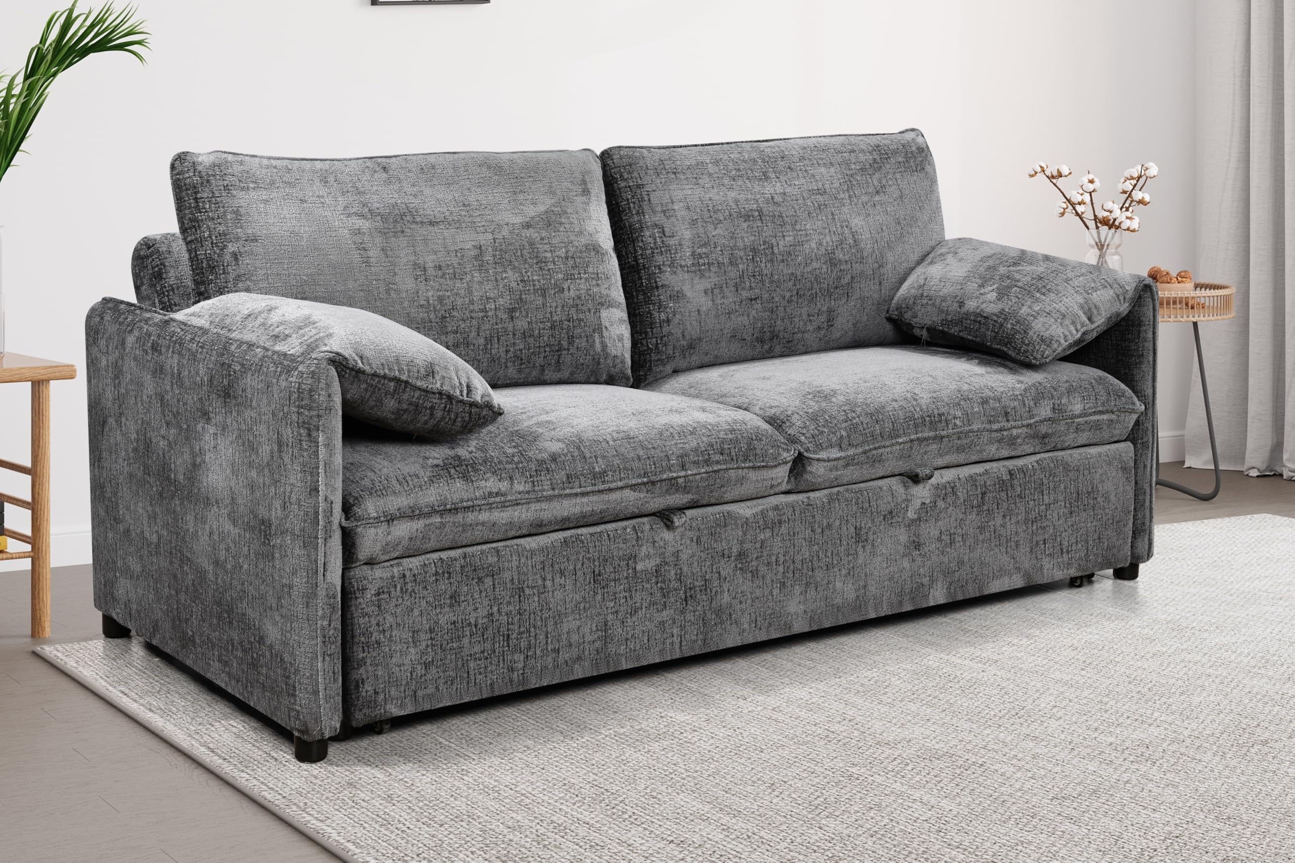 ZIGHTH 81-Inch Chenille Queen Size Sleeper Sofa Couch with Pullout Bed, Convertible Pull Out Couch with 4 Pillows and Adjustable Backrest for Small Spaces, Apartment, Guest Room, RV (Light Brown)