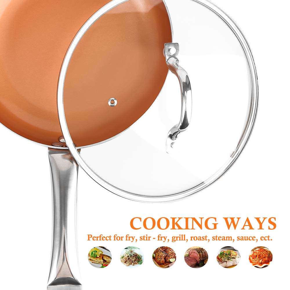 SHINEURI 9.5 inch Copper Fry Pan with Lid, Nonstick Omelet Pans - Perfect for Stir fry, Sauce & Baking, Compatible for Induction, Gas, Electric & Stovetops, Perfect for 2-3 Person Meal