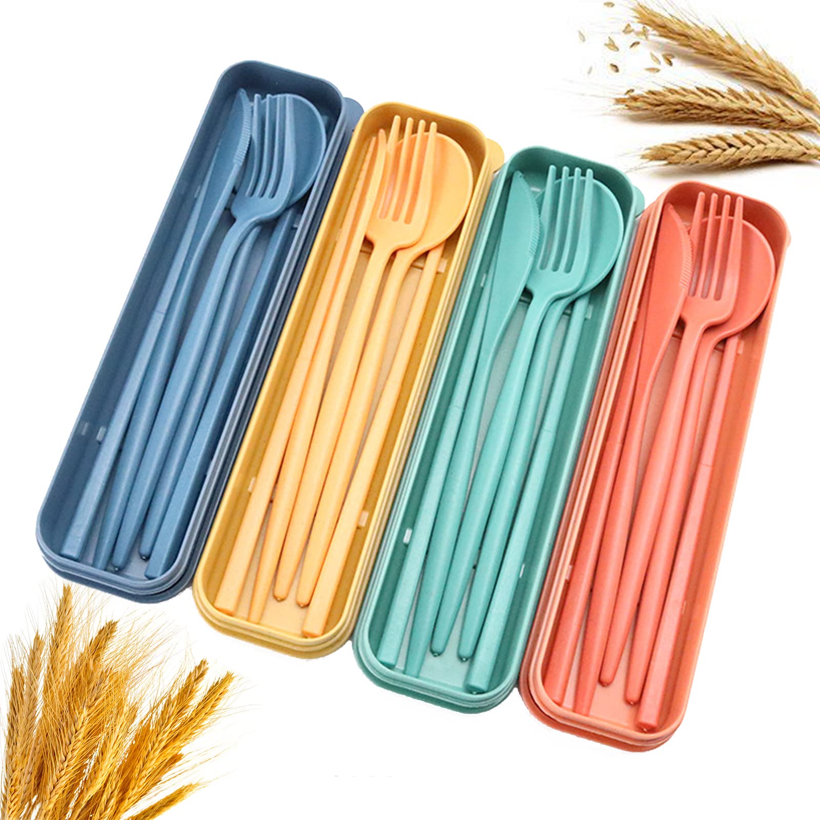 Onetwothree Wheat Straw Cutlery,4 Sets Portable Cutlery Set,Reusable Spoon Fork Chopsticks Tableware Set for Celebrate Holidays Picnics Daily Use Travel Flatware Set(4 Colors,With Storage Box)