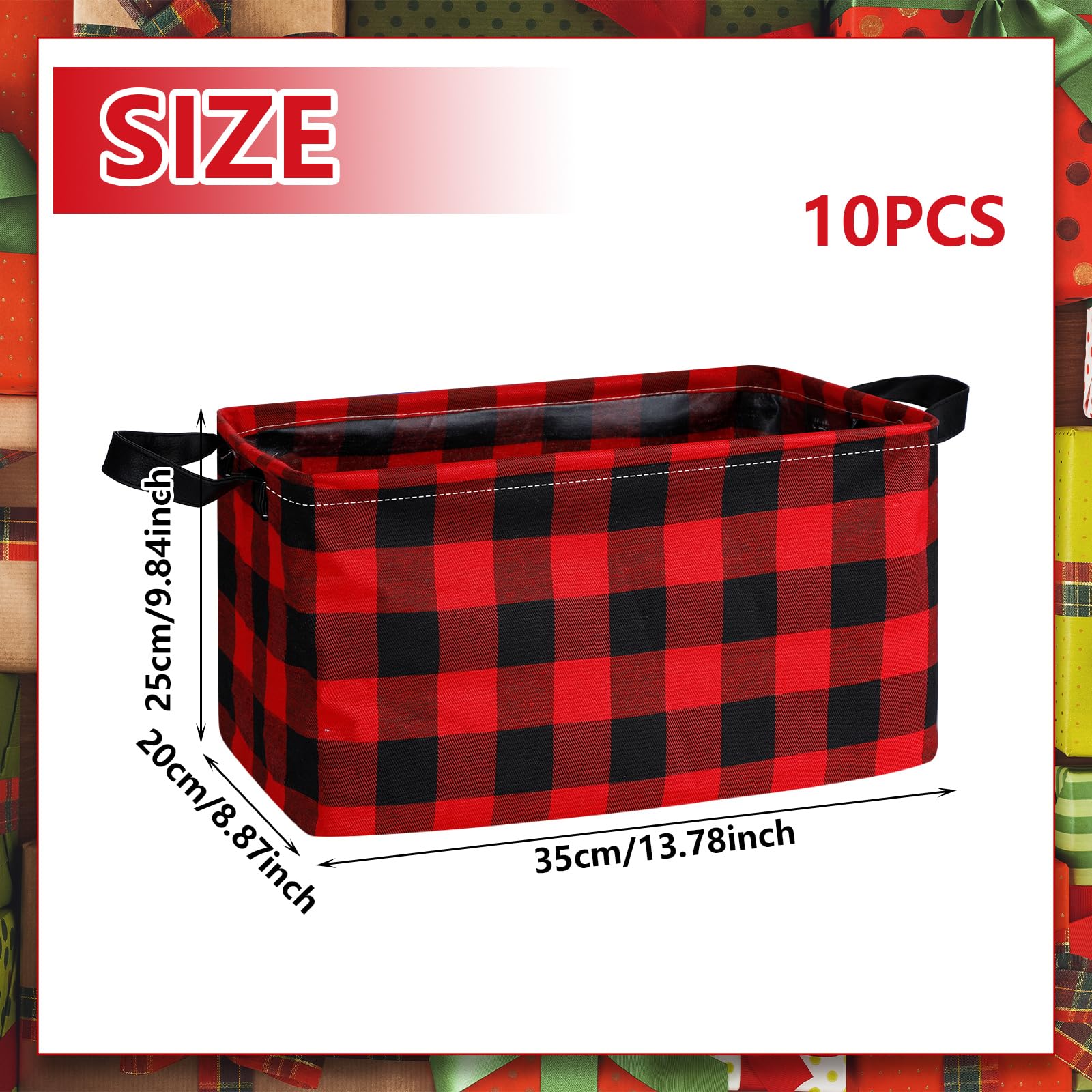 Ziliny 10 Pcs Buffalo Plaid Basket Collapsible Basket with Handles Large Storage Basket Checkered Empty Gift Baskets Home Organizer Containers Storage Bins, 14 x 10 x 8 Inch(Red and Black)