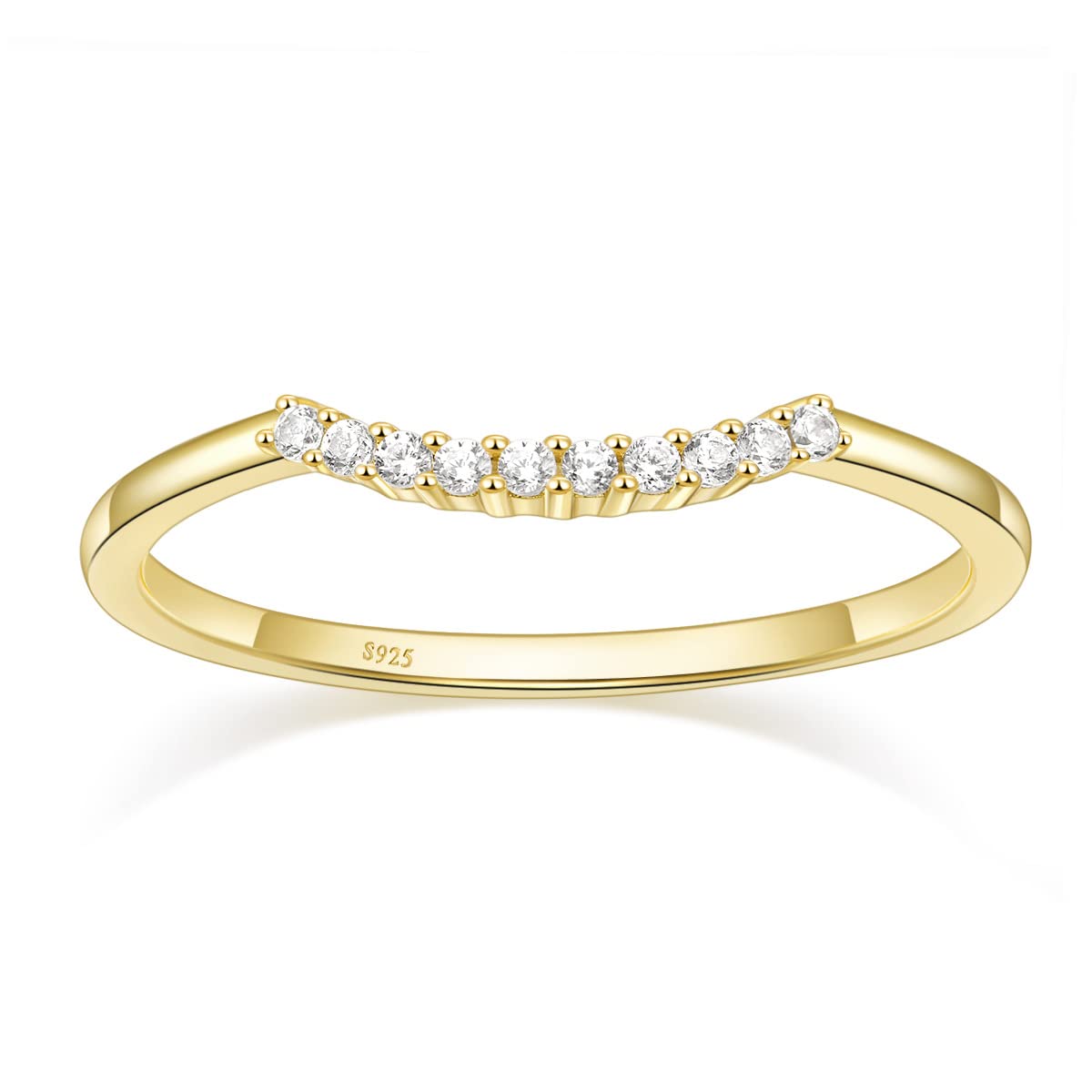 Mameloly 1.4mm 925 Sterling Silver 14K Gold Plated CZ Wedding Bands for Women Dainty Curved Stackable Cubic Zirconia Engagement Rings for Her Size 7