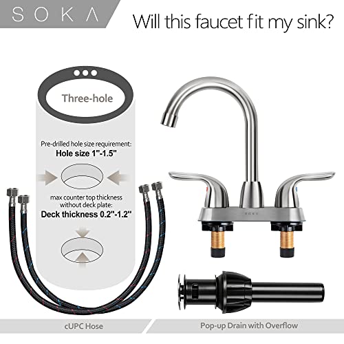 SOKA Centerset Bathroom Sink Faucet Two Handles High Arc 4" Lavatory Bath With Deck Plate & Pop-Up Drain Fit 3 Hole Installation, Brushed Nickel (SK18001NY)
