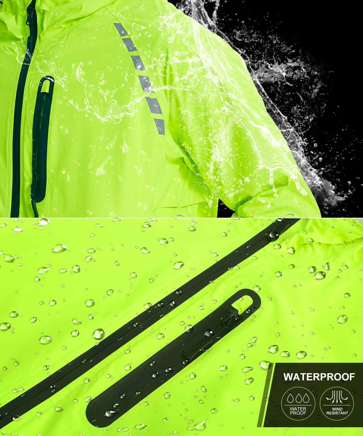 Men’s Cycling Running Jackets Waterproof Windbreaker Lightweight Hooded Packable High Visibility Bike Biking Bicycle Breathable Rain Jacket Reflective Windproof Raincoat Fluorescent Yellow XXL