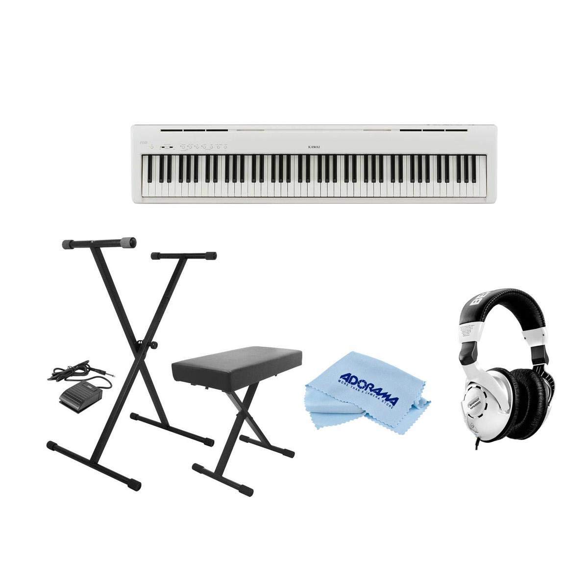 Kawai ES110W 88-Key Portable Digital Piano, White, Bundle with H&A Monitor Headphones & H&A Keyboard Stand Bench