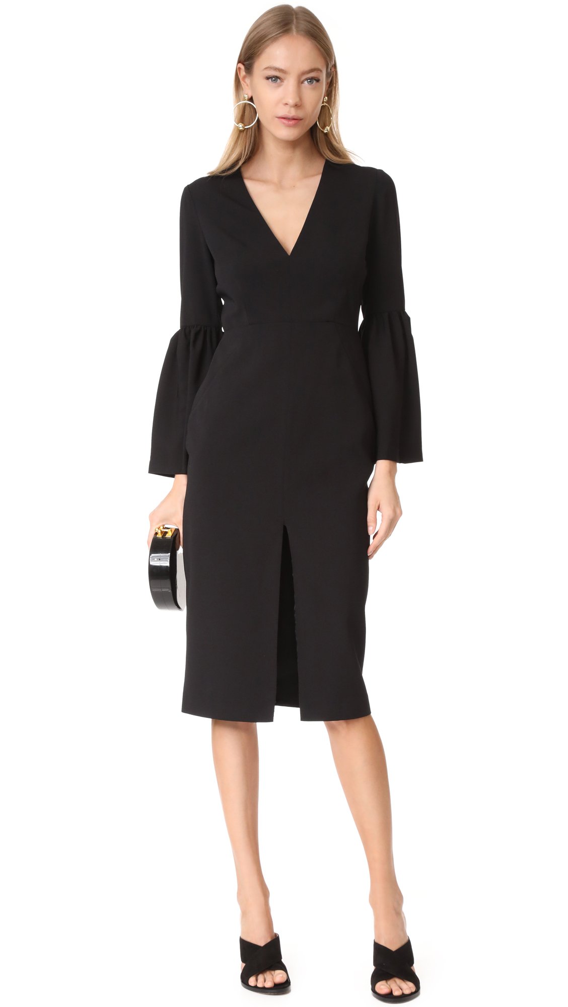 Jill Jill Stuart Women's V Neck Dress with Bell Sleeves, Black, 2