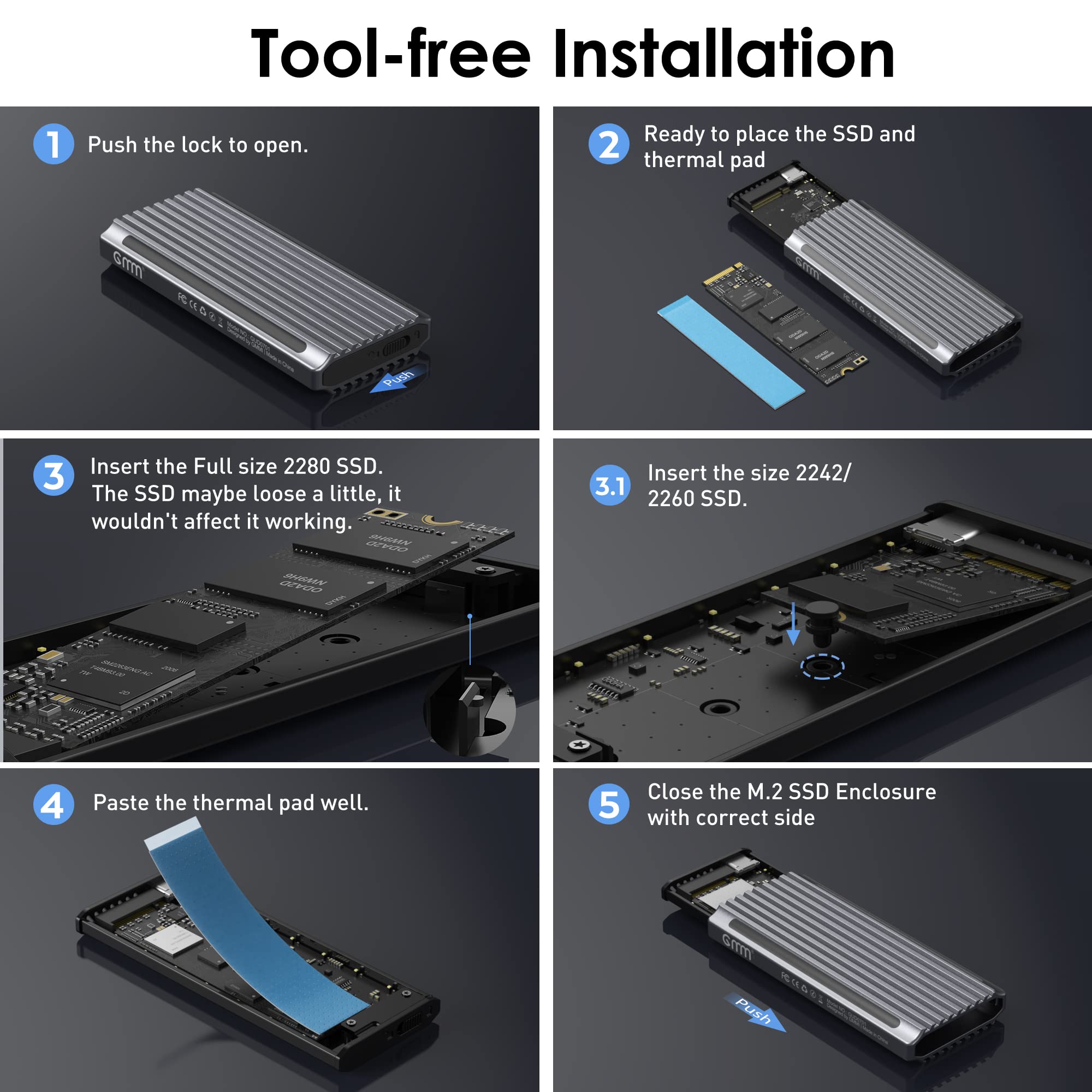 M.2 NVMe SSD Enclosure Adapter USB C 3.2 Gen 2 10Gbps M.2 NVMe to SATA Reader, Tool-Free 6Gbps SATA, RGB NVMe Enclosure Aluminum Case Support UASP Trim for PCIe M-Key(B+M Key) SSD Size 2242/2260/2280
