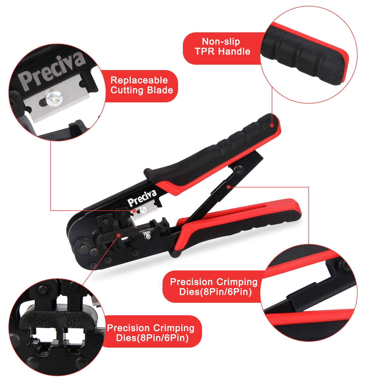 RJ45 Crimper Tool Kit, Preciva Cat5 Cat5e Ethernet Crimping Tool Set with One Network Cable Tester, 20PCS RJ45 Connectors, One Wire Stripper, 50PCS Cable Ties and Wire Punch Down Impact Tool