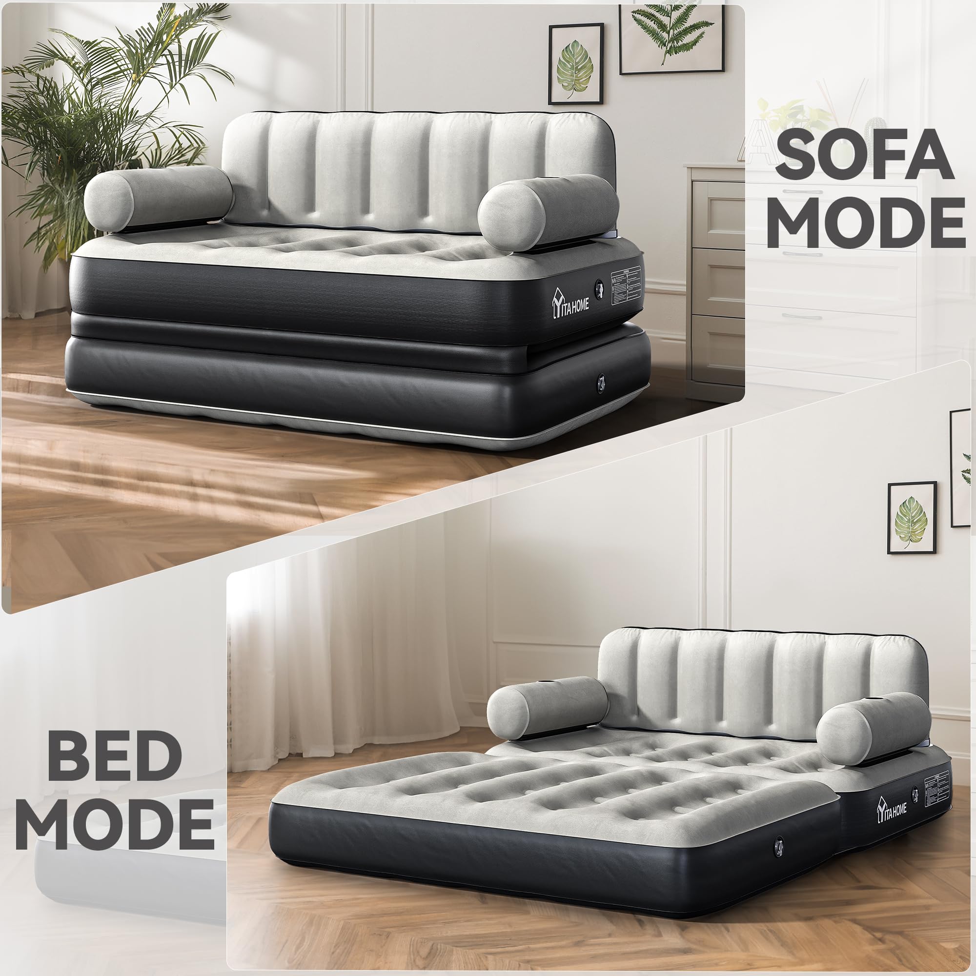 YITAHOME 18'' Flocked Top Queen Air Mattress with External Pump and Headboard, Durable Inflatable Bed, Blow-Up Mattress for Indoor and Outdoor Use, Black