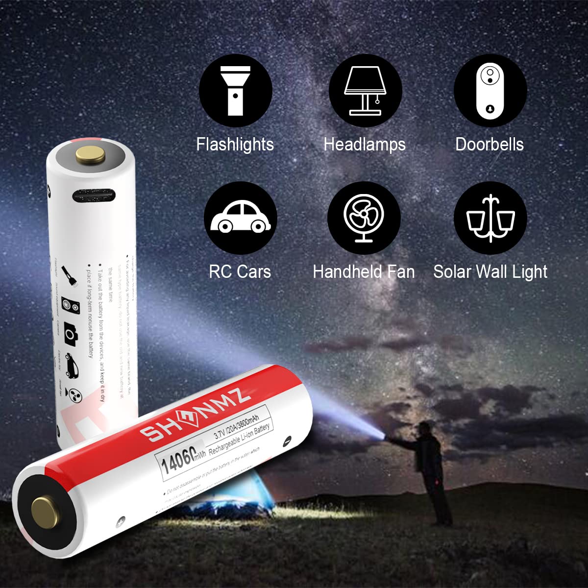 SHENMZ 3.7V Rechargeable Batteries,3600mAh 30A Button Top Batteries,with Micro-USB Charging Cable for Flashlights, Headlamps, Doorbells, RC Cars (2 Pcs)