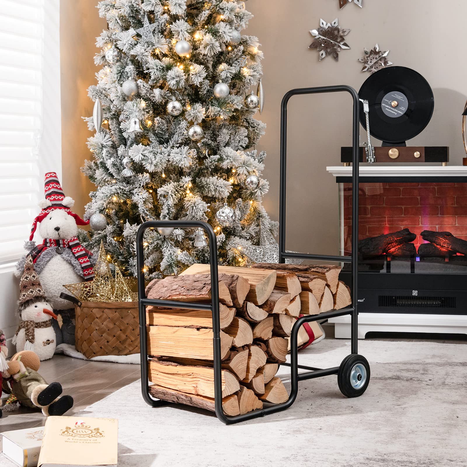 Safstar Firewood Log Cart Carrier, 2.9ft/35β Height Wood Rack Storage Mover w/2 Rubber Wheels & Ergonomic Handle, Heavy-Duty Steel Fireplace Log Carrier Mover, Rolling Firewood Cart for Indoor Outdoor