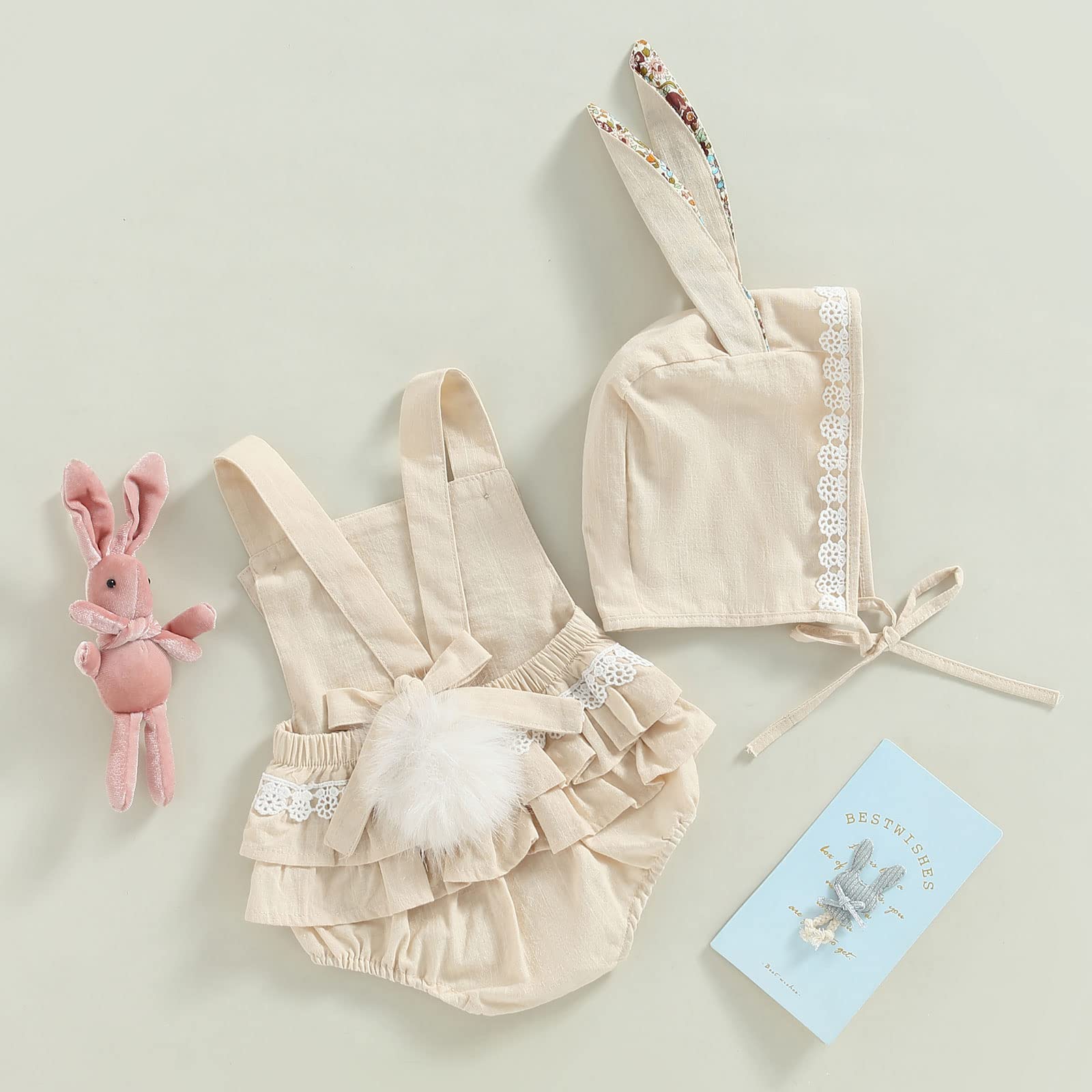 Toddler Baby Girls Easter Outfit Romper/Dress Sleeveless Bunny Ear Sister Mathing Clothes with Tail (A-Light Khaki, 6-12 Months)