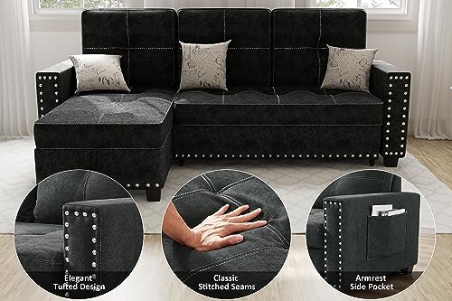 Ucloveria Reversible Sectional Sofa Couch, Sleeper Sofa Bed with Storage Chaise Pull Out Couch Bed for Living Room L-Shape Lounge 2 in 1 Sectional Couch with Pull Out Bed Black