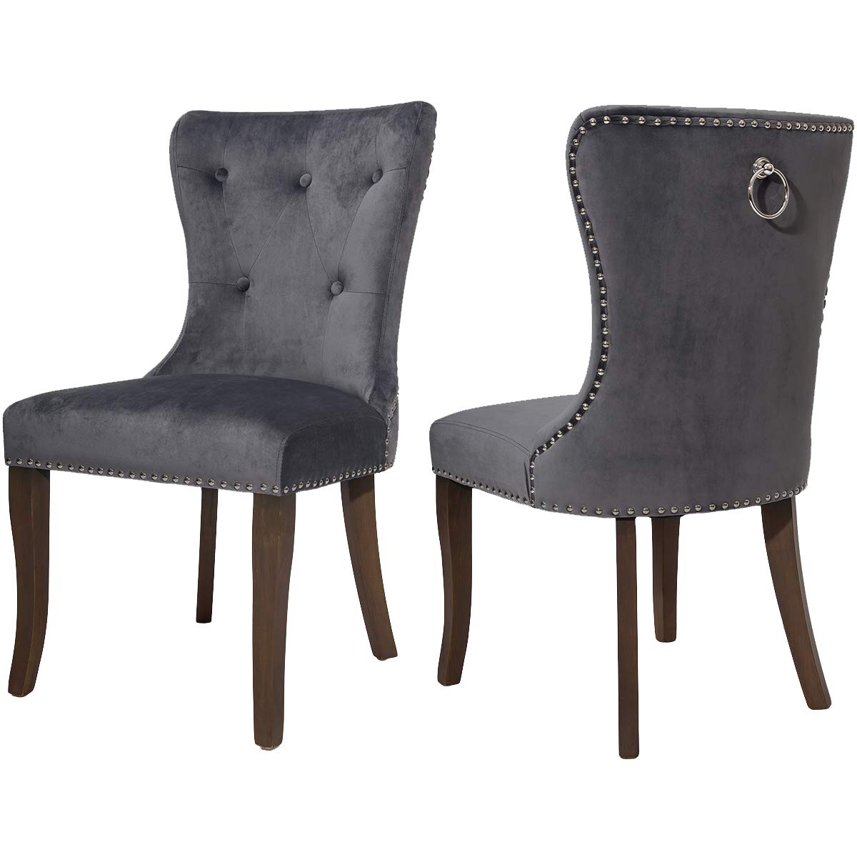 LCH Dining Set of 4, Upholstered Accent Button Tufted Armless Chair with Nailhead Trim and Back Ring Pull (Grey)