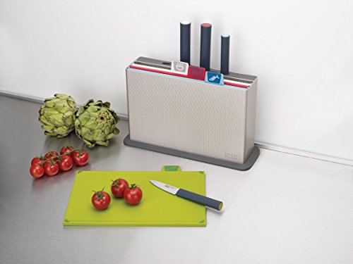 Joseph Joseph Index Plastic Cutting Board Set with 4 Matching Knives and Storage Case Color-Coded Dishwasher-Safe Non-Slip, Small, , Silver with Knives
